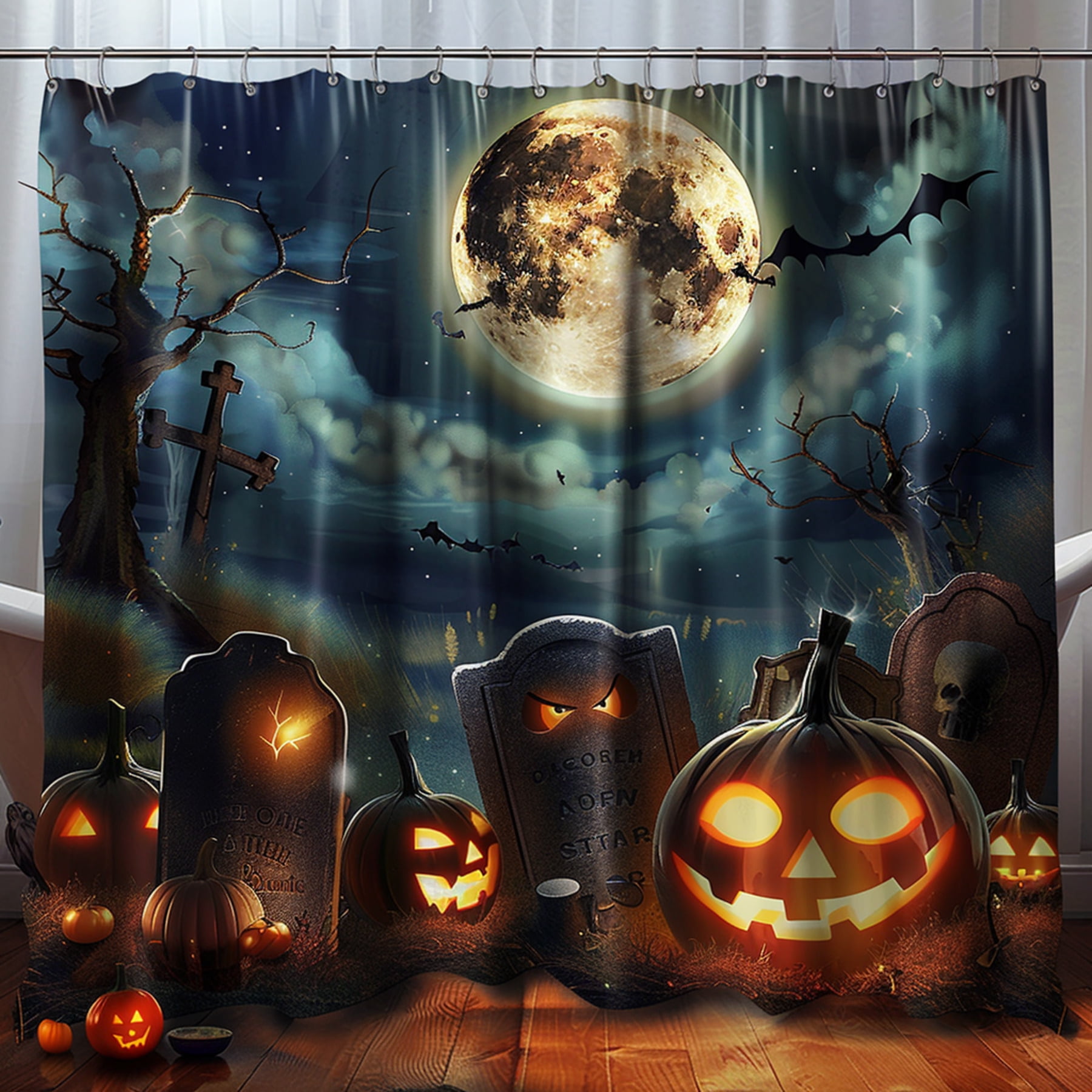 Spooky Halloween Night Shower Curtain With Moonlit Pumpkins And