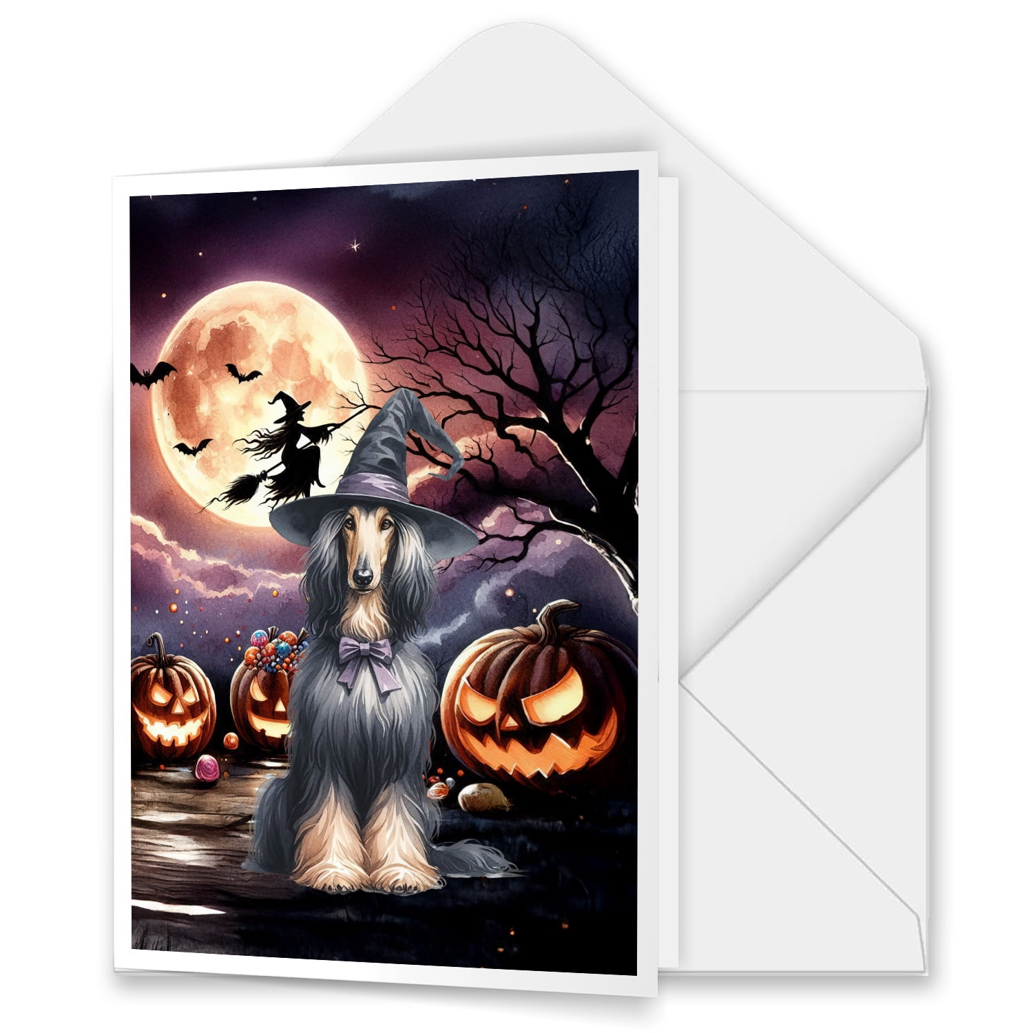 Spooky Halloween Night Witch Afghan Hound Glowing Pumpkins 5x7in Folded ...