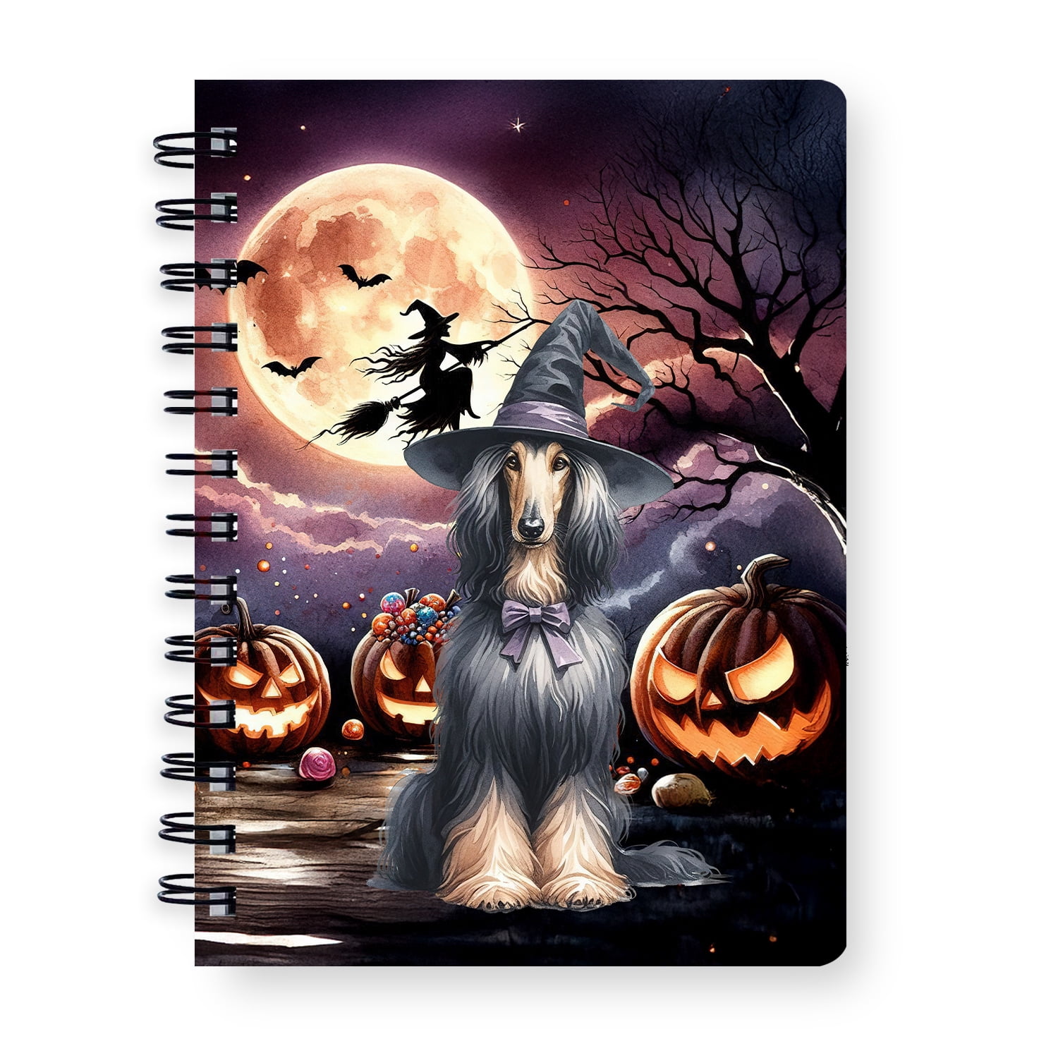Spooky Halloween Night Witch Afghan Hound Glowing Pumpkins Spiral Bound ...