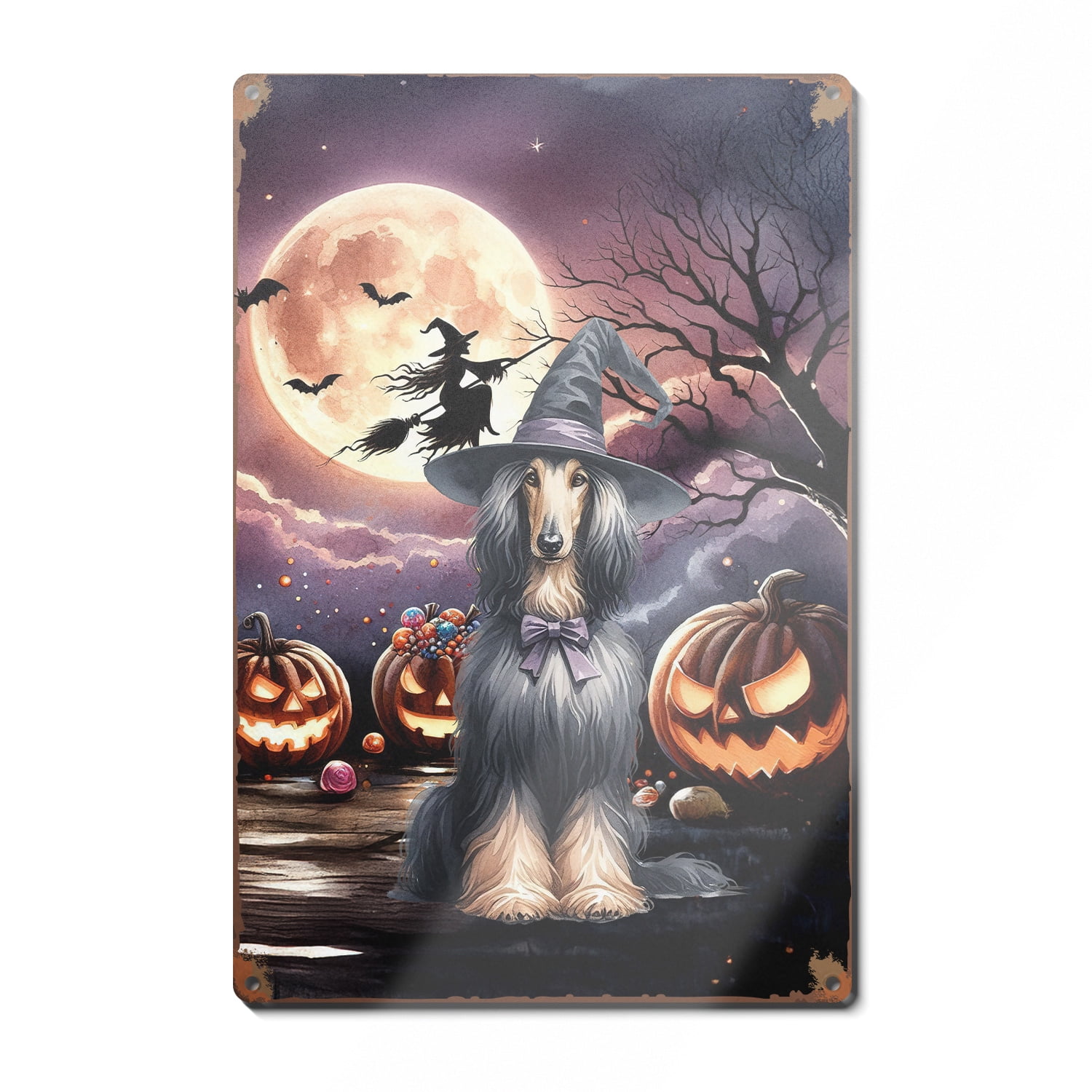 Spooky Halloween Night Witch Afghan Hound Glowing Pumpkins Vertical ...
