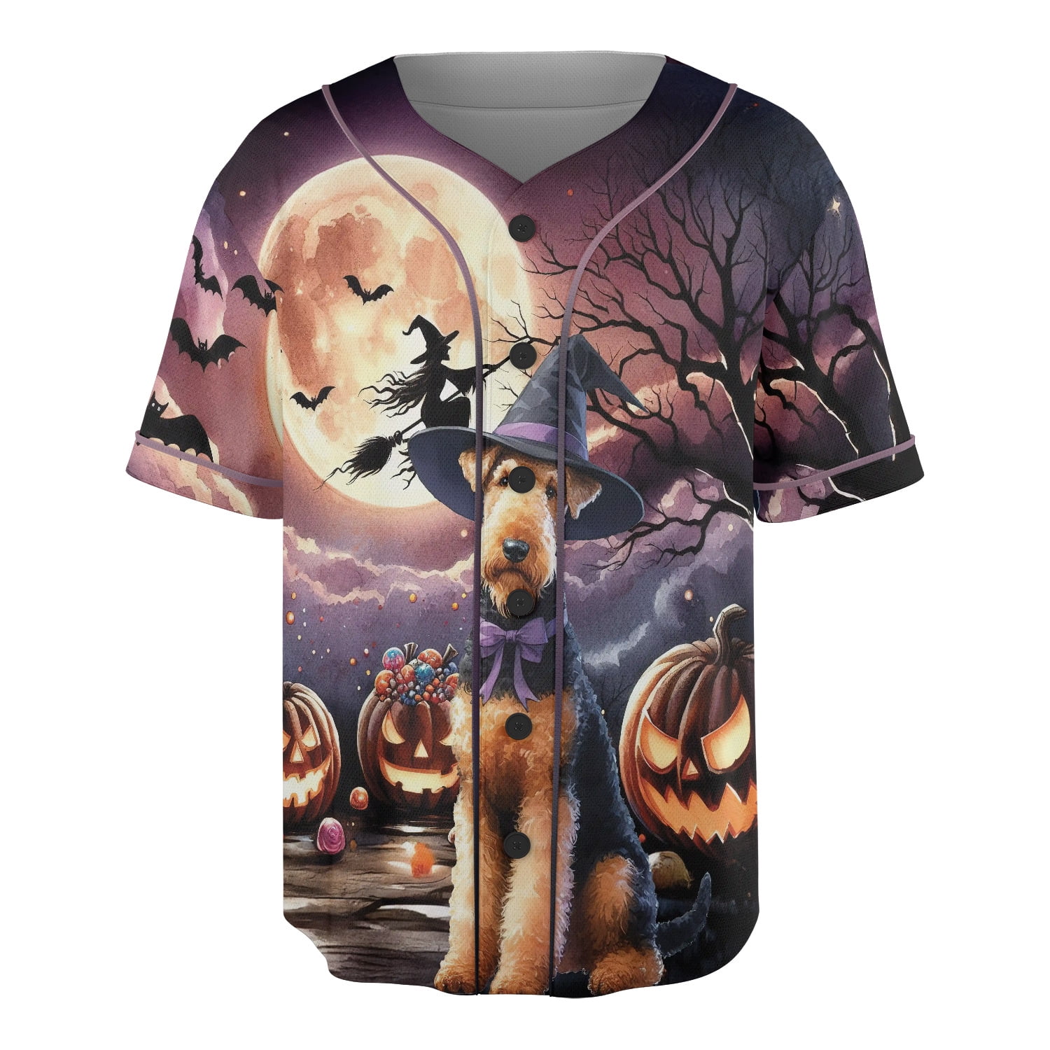 Spooky Halloween Night Witch Airedale Terrier Glowing Pumpkins All Over ...