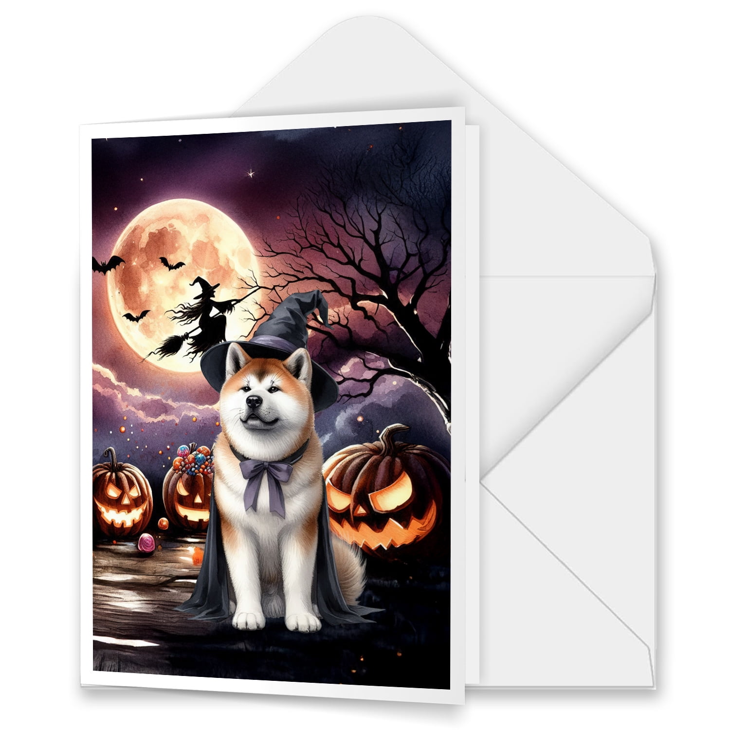 Spooky Halloween Night Witch Akita Glowing Pumpkins 5x7in Folded ...