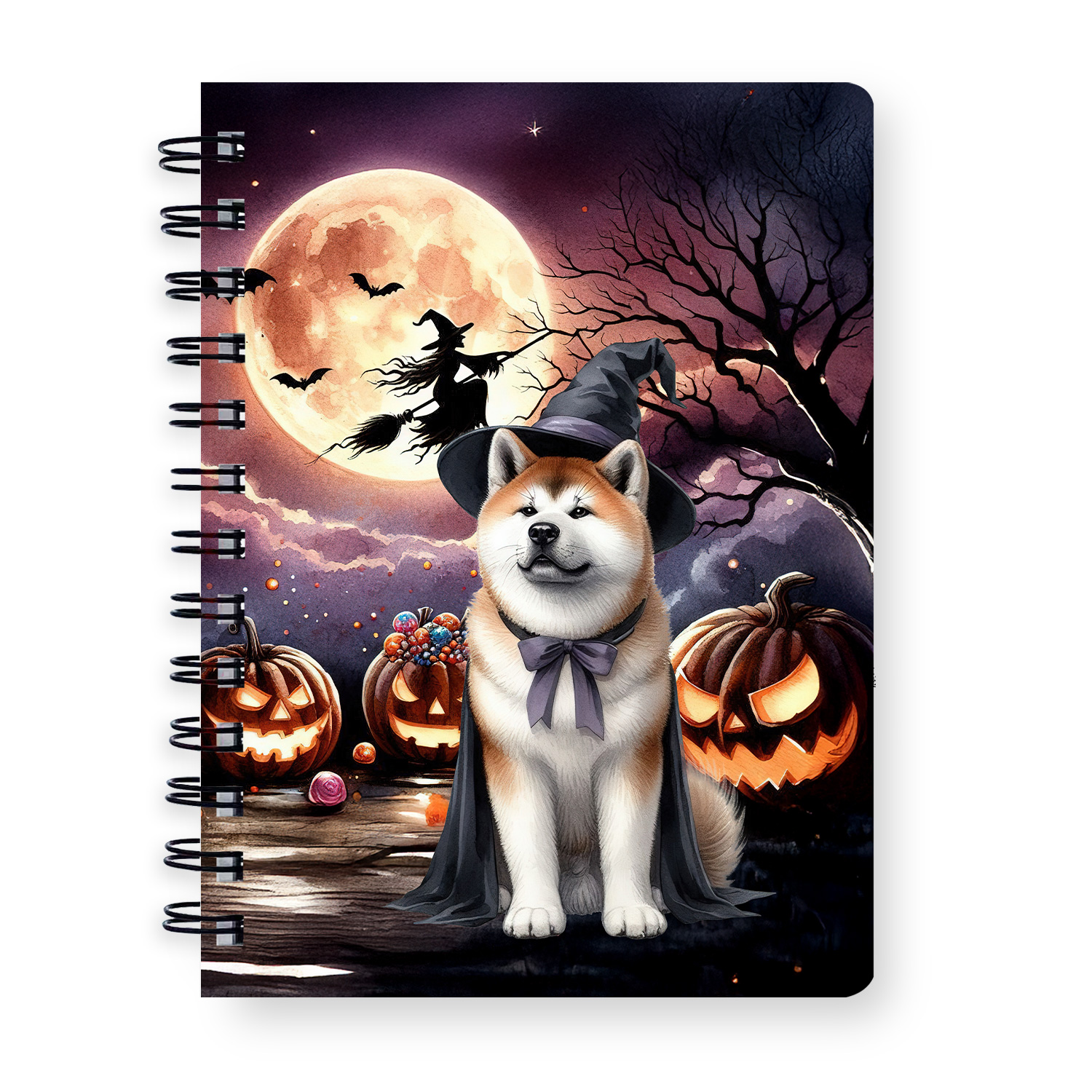 Spooky Halloween Night Witch Akita Glowing Pumpkins Spiral Bound ...
