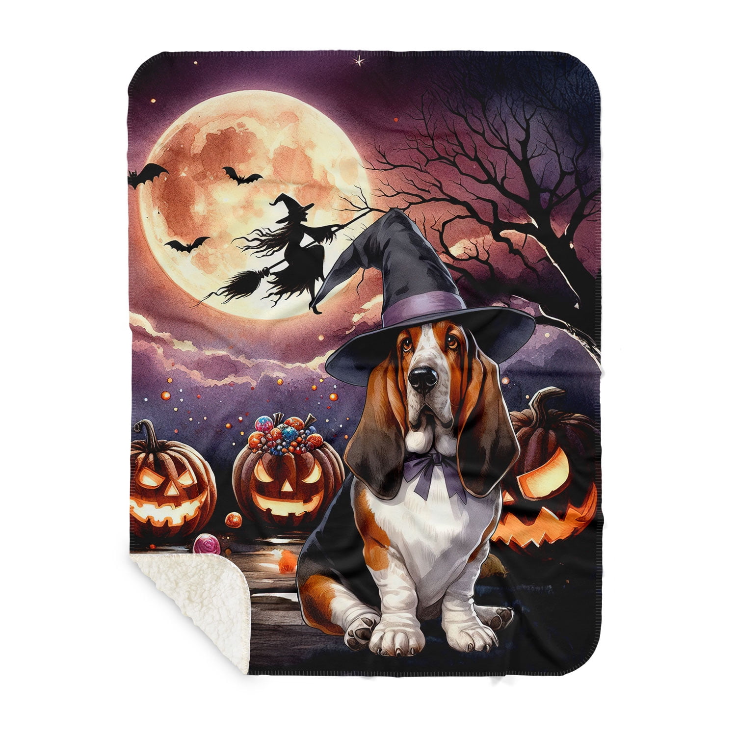 Spooky Halloween Night Witch Basset Hound Glowing Pumpkins Cozy Sherpa ...