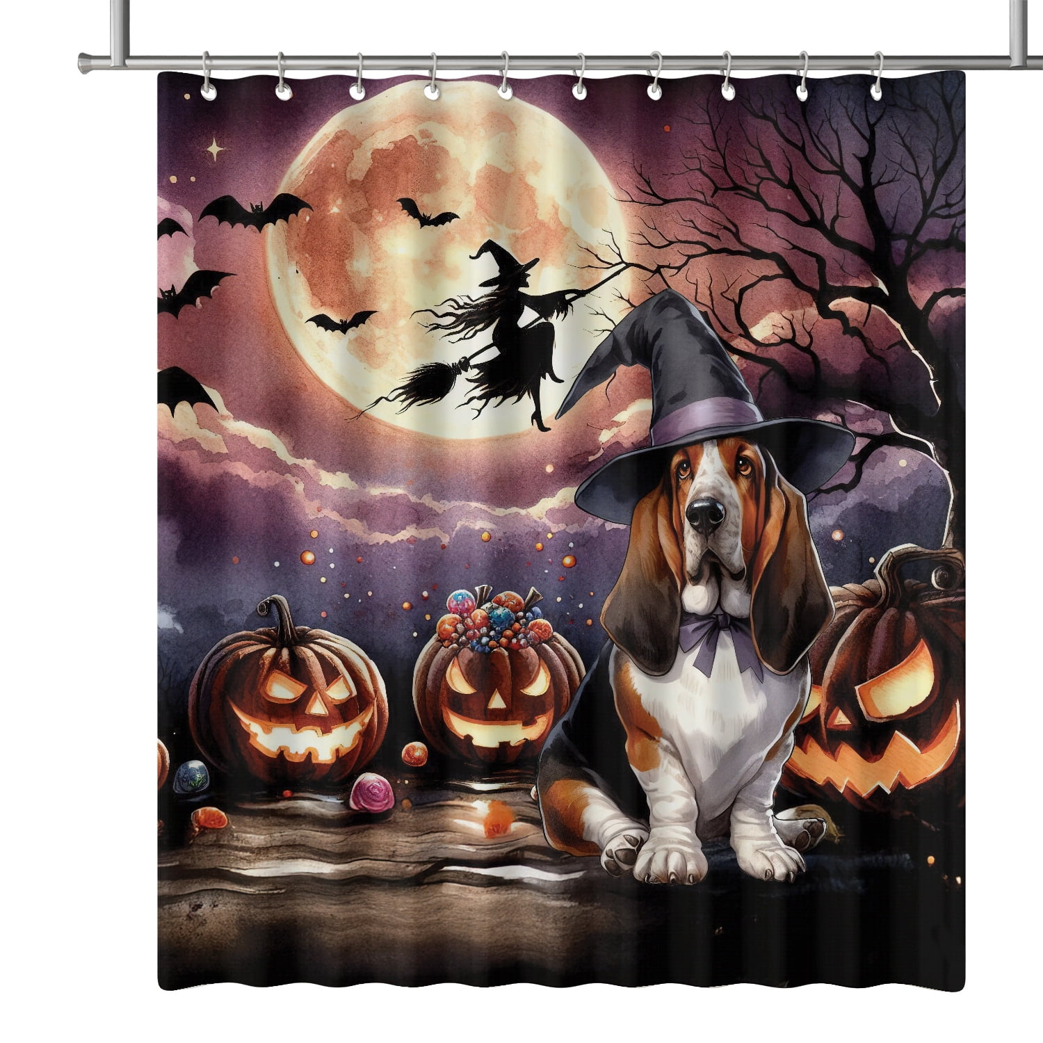 Spooky Halloween Night Witch Basset Hound Glowing Pumpkins Shower ...