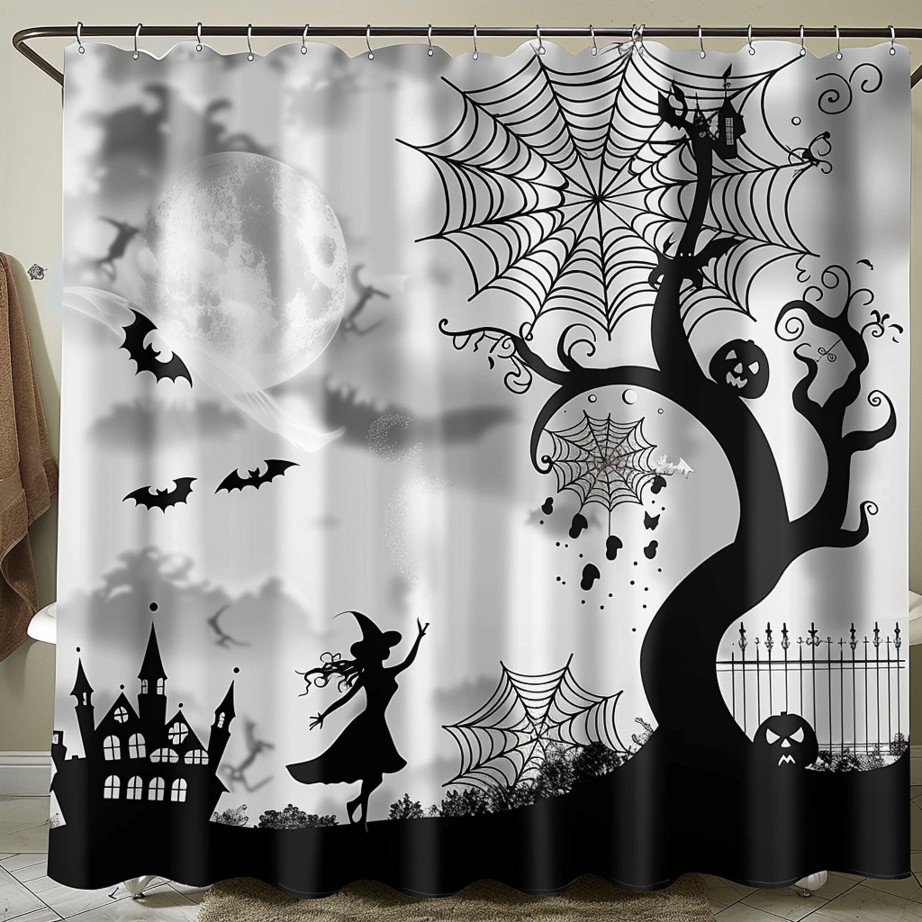 Spooky Halloween Night Witch Bats And Castle Shower Curtain Transform