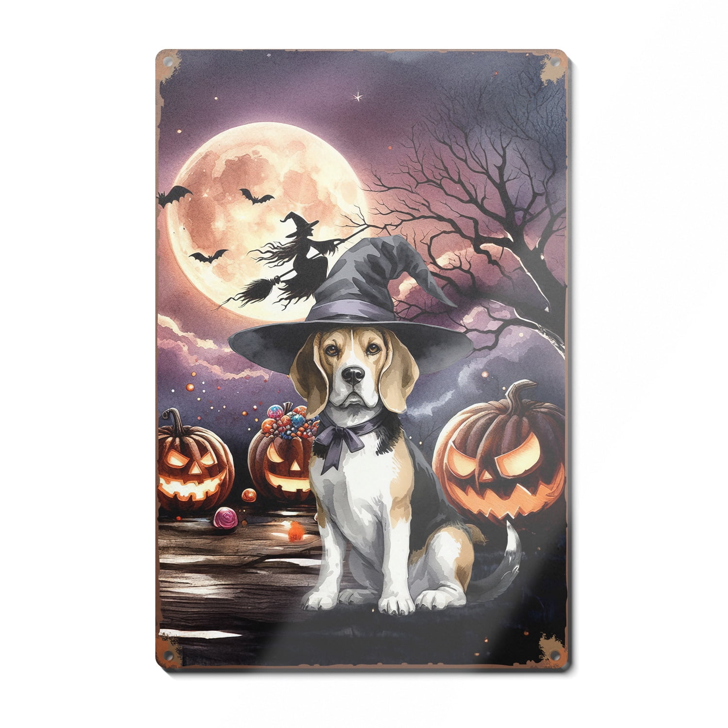 Spooky Halloween Night Witch Beagle Glowing Pumpkins Vertical Metal ...