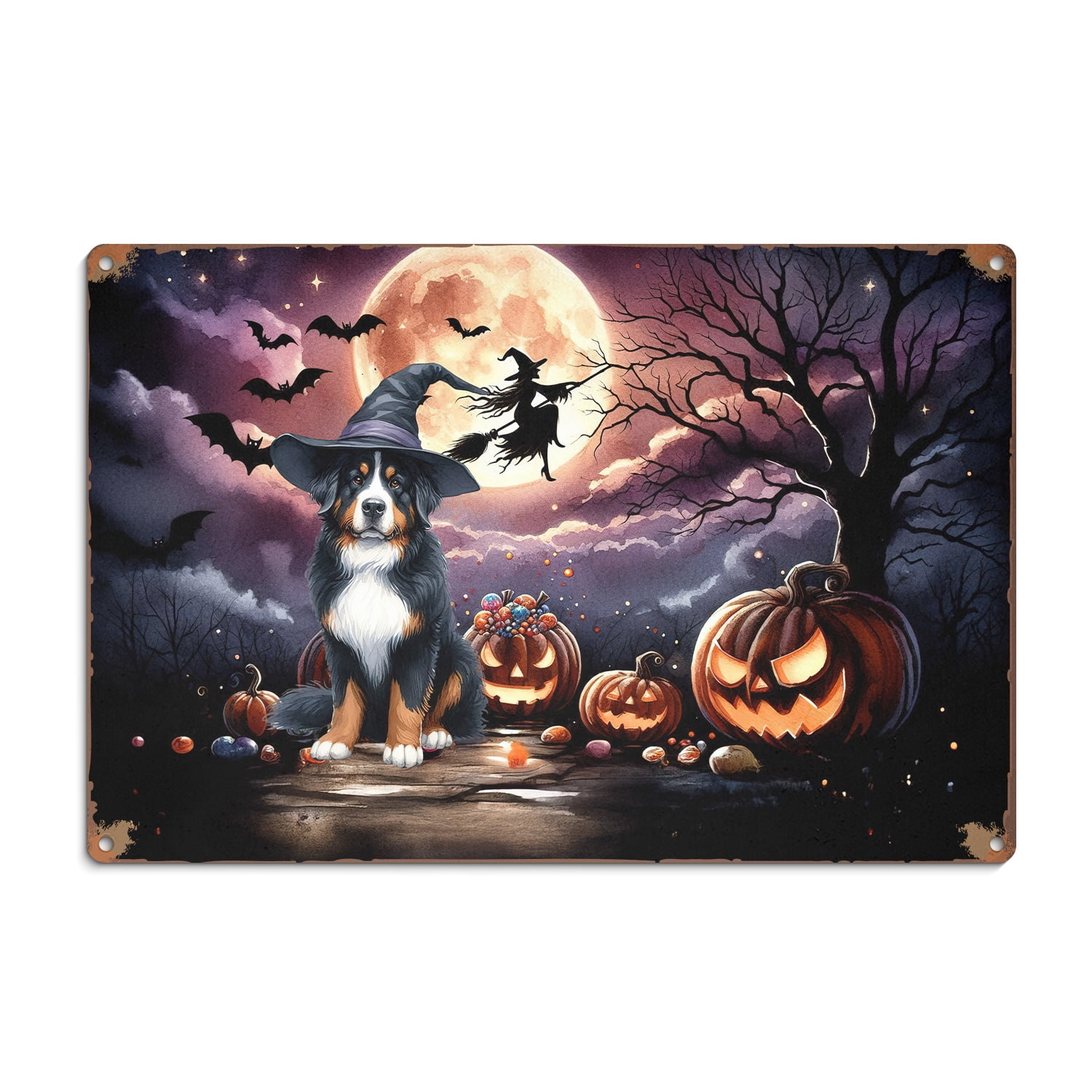 Spooky Halloween Night Witch Bernese Mountain Dog Glowing Pumpkins ...