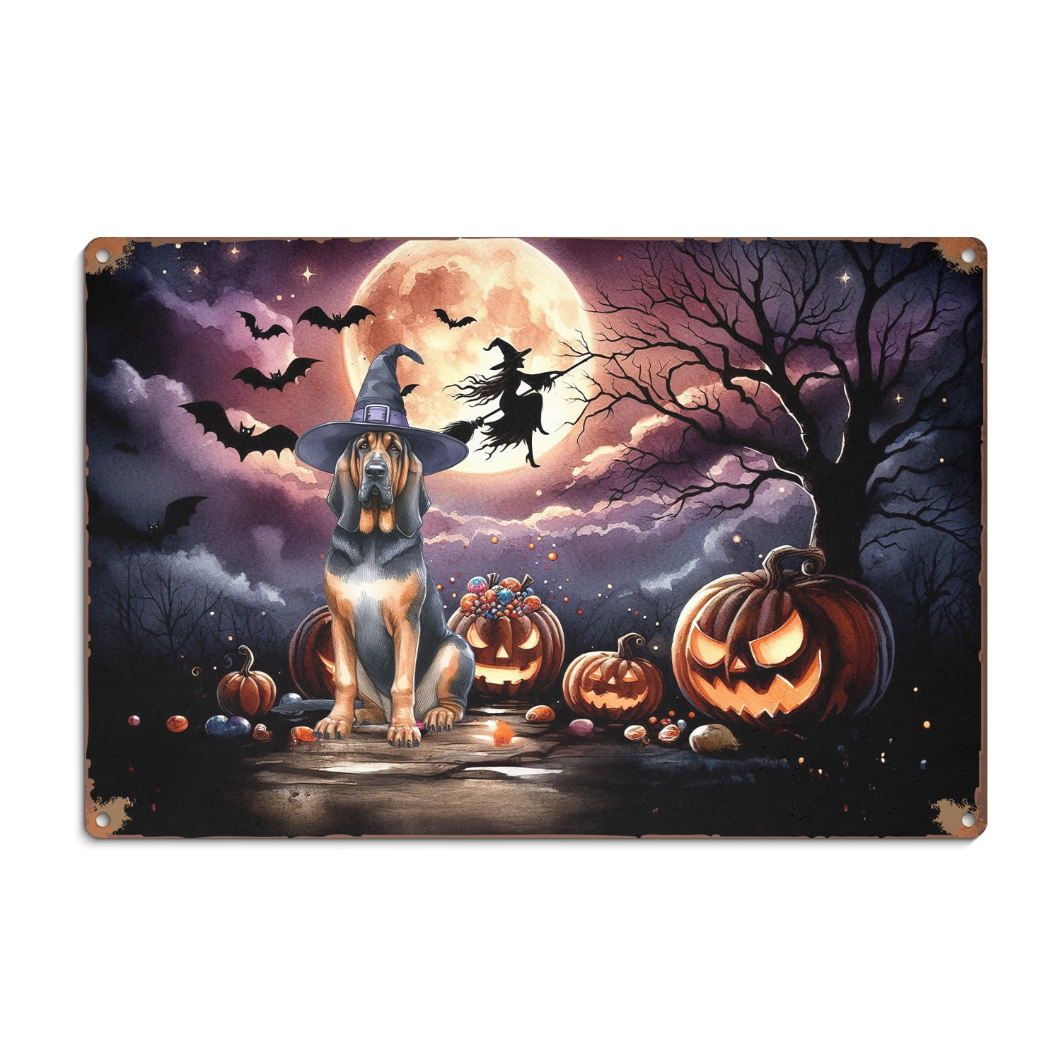Spooky Halloween Night Witch Bloodhound Glowing Pumpkins Horizontal ...