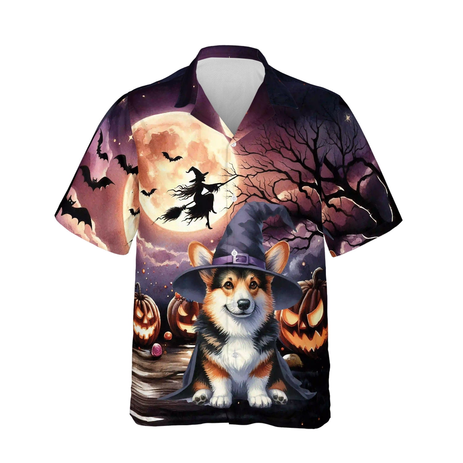 Spooky Halloween Night Witch Corgi Glowing Pumpkins Hawaiian Shirt ...