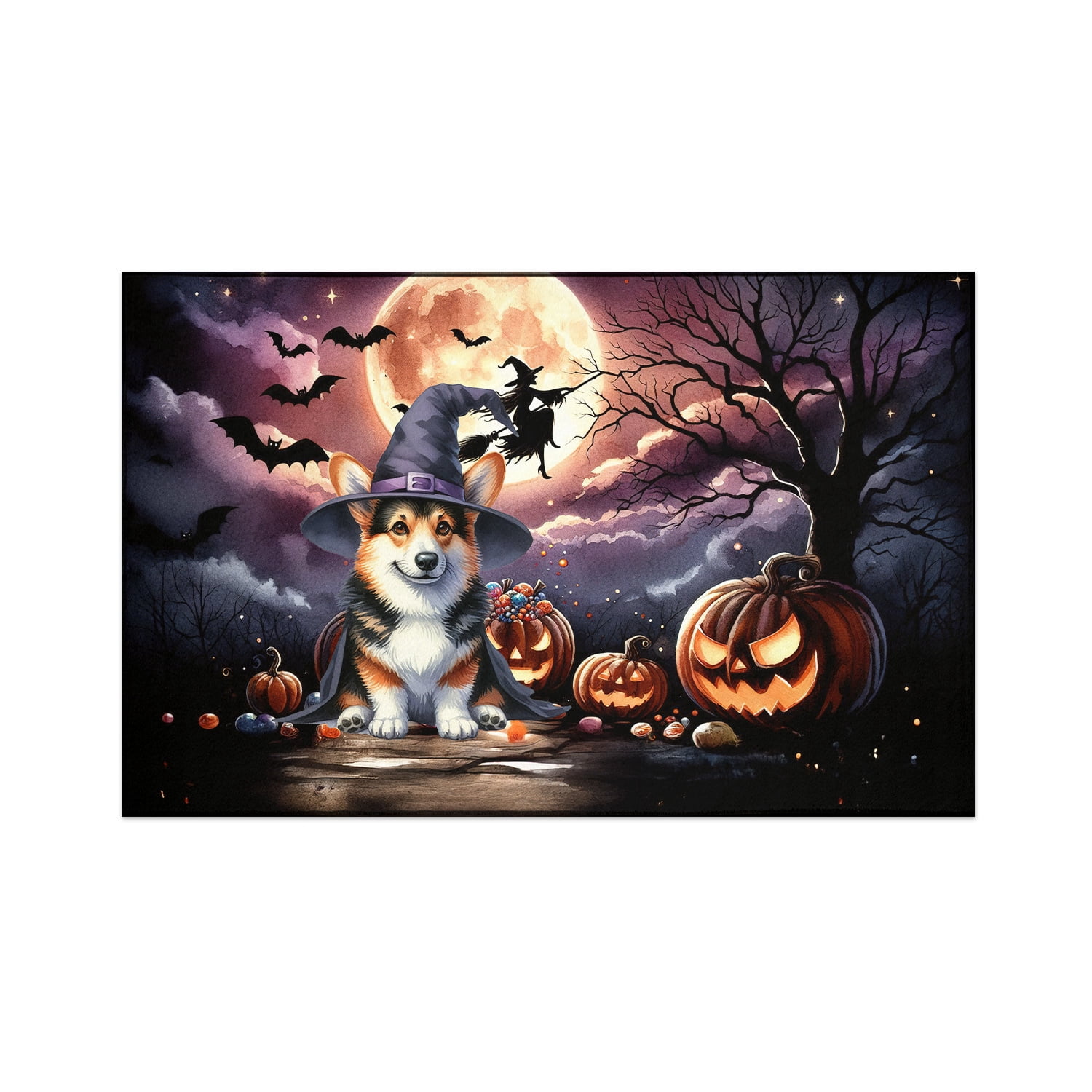Spooky Halloween Night Witch Corgi Glowing Pumpkins Indoor Rug Welsh ...