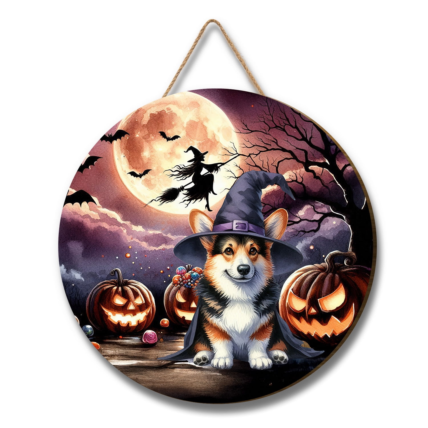 Spooky Halloween Night Witch Corgi Glowing Pumpkins Round Wood Sign ...