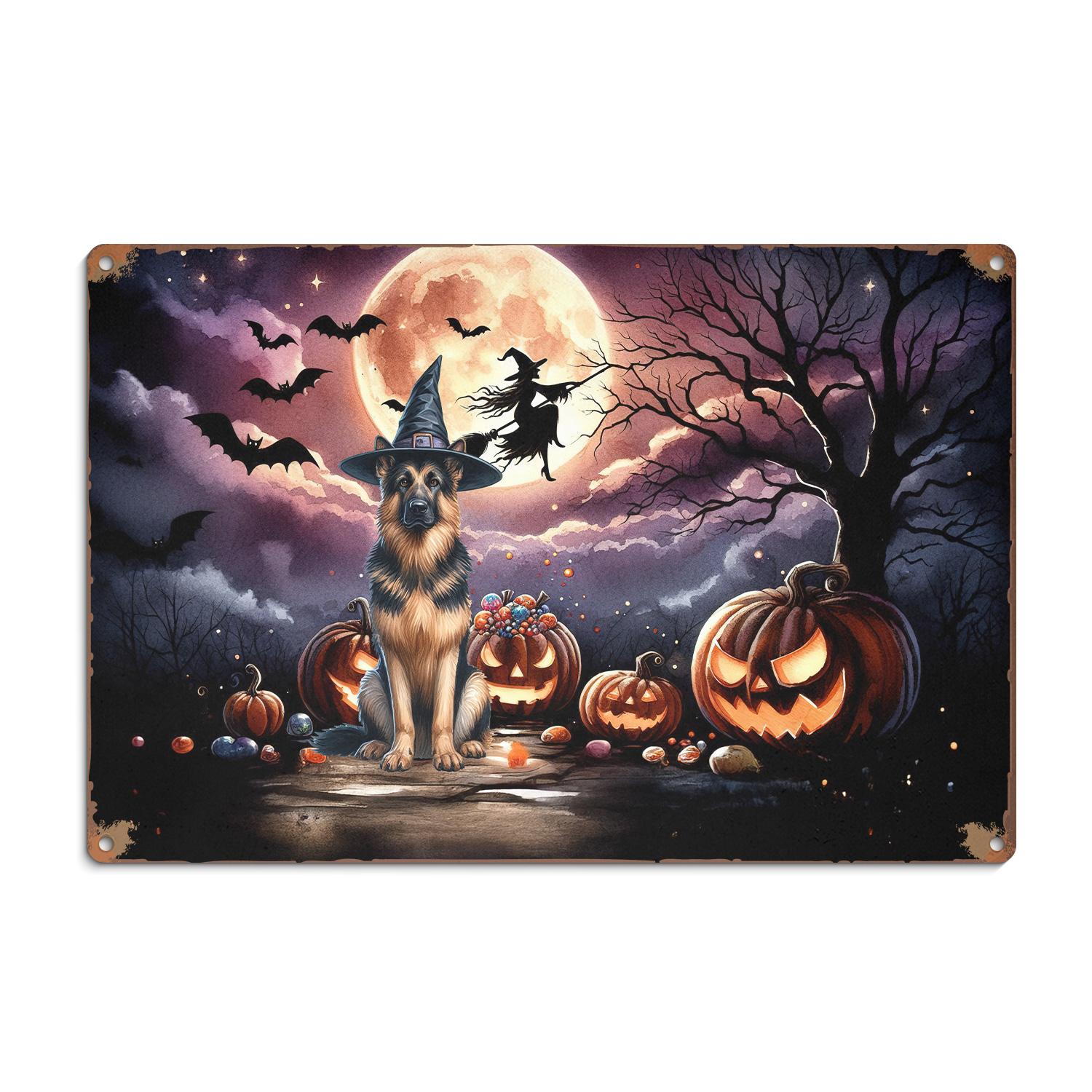 Spooky Halloween Night Witch German Shepherd Glowing Pumpkins ...
