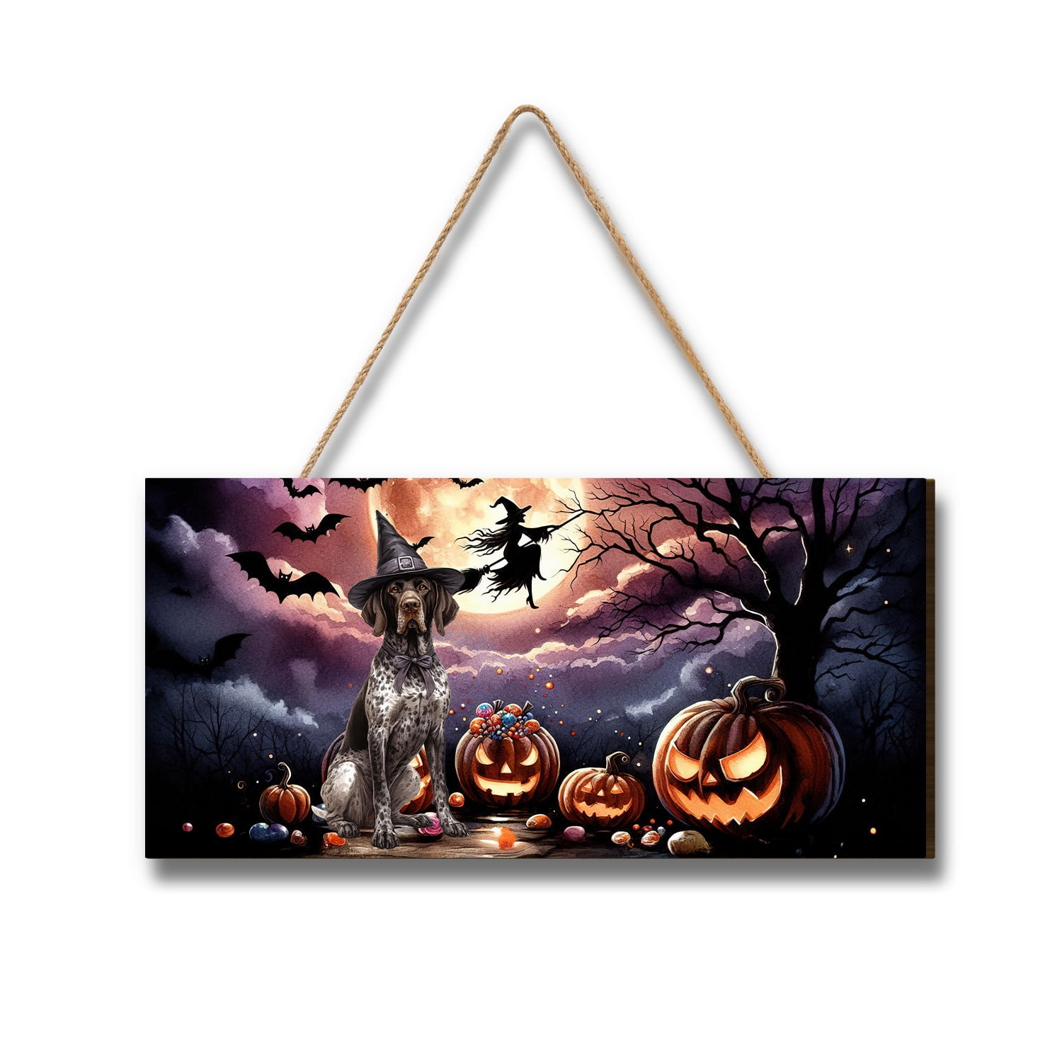 Spooky Halloween Night Witch German Shorthaired Pointer Glowing Pumpkins Landscape Wood Sign GSP ...