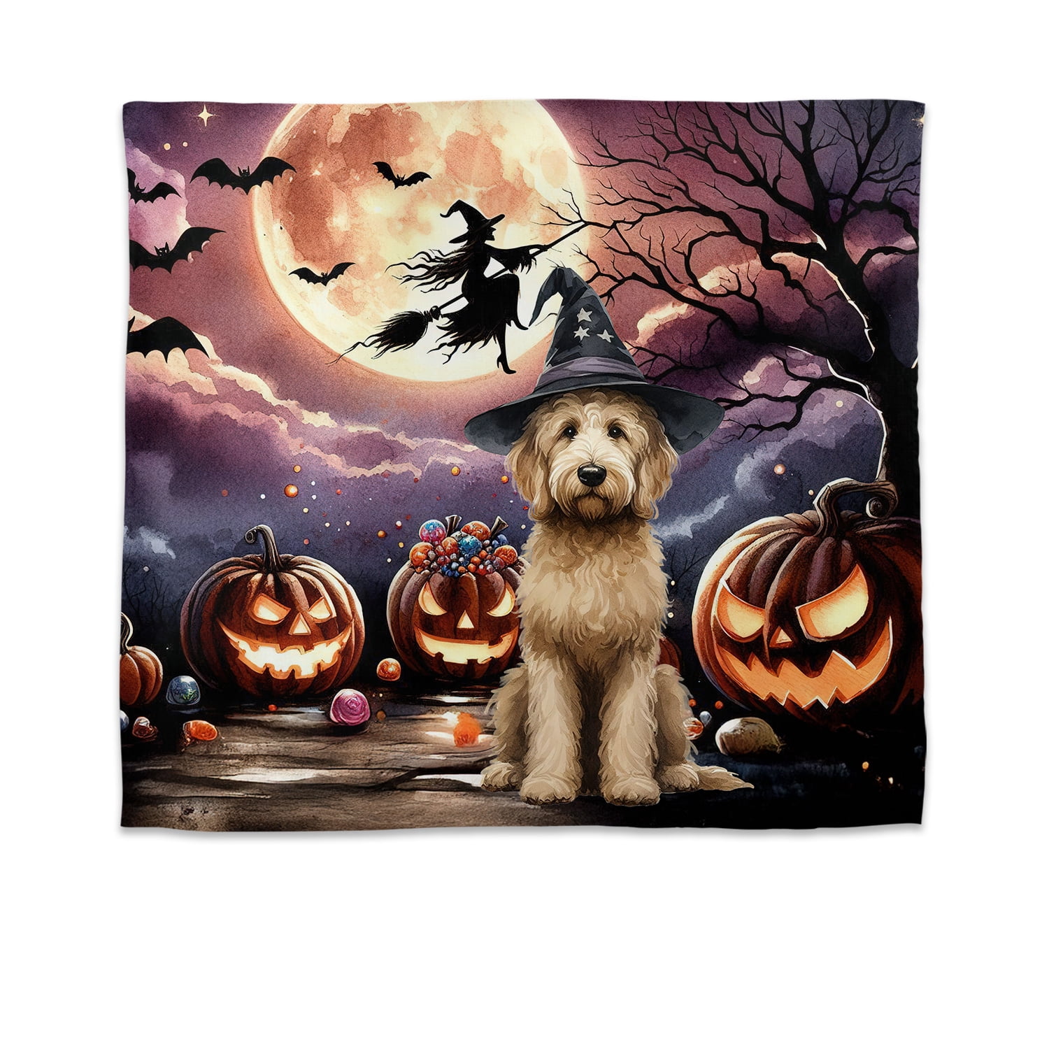 Spooky Halloween Night Witch Goldendoodle Glowing Pumpkins Tapestry ...