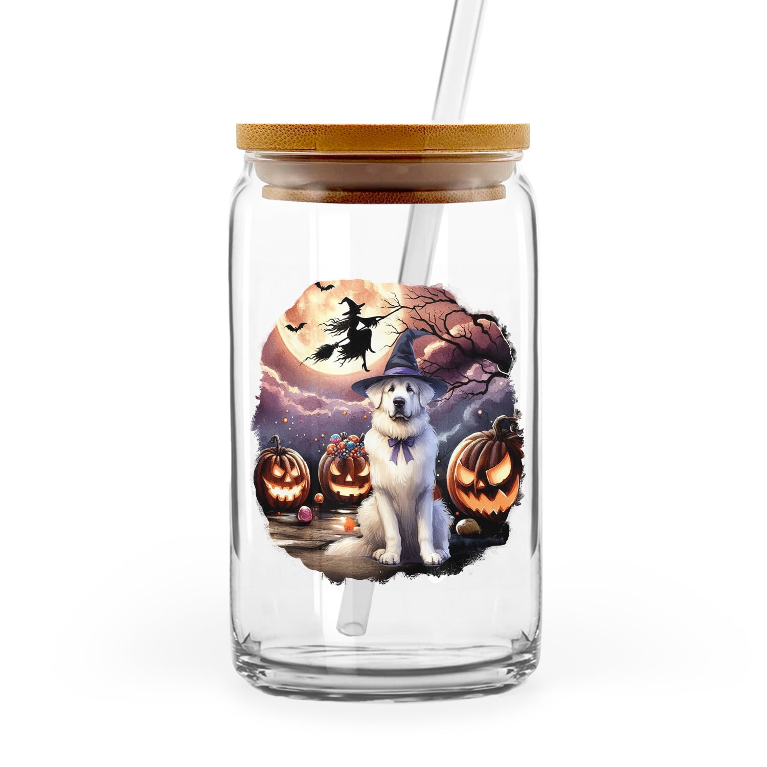 Spooky Halloween Night Witch Great Pyrenees Glowing Pumpkins 16oz Glass ...