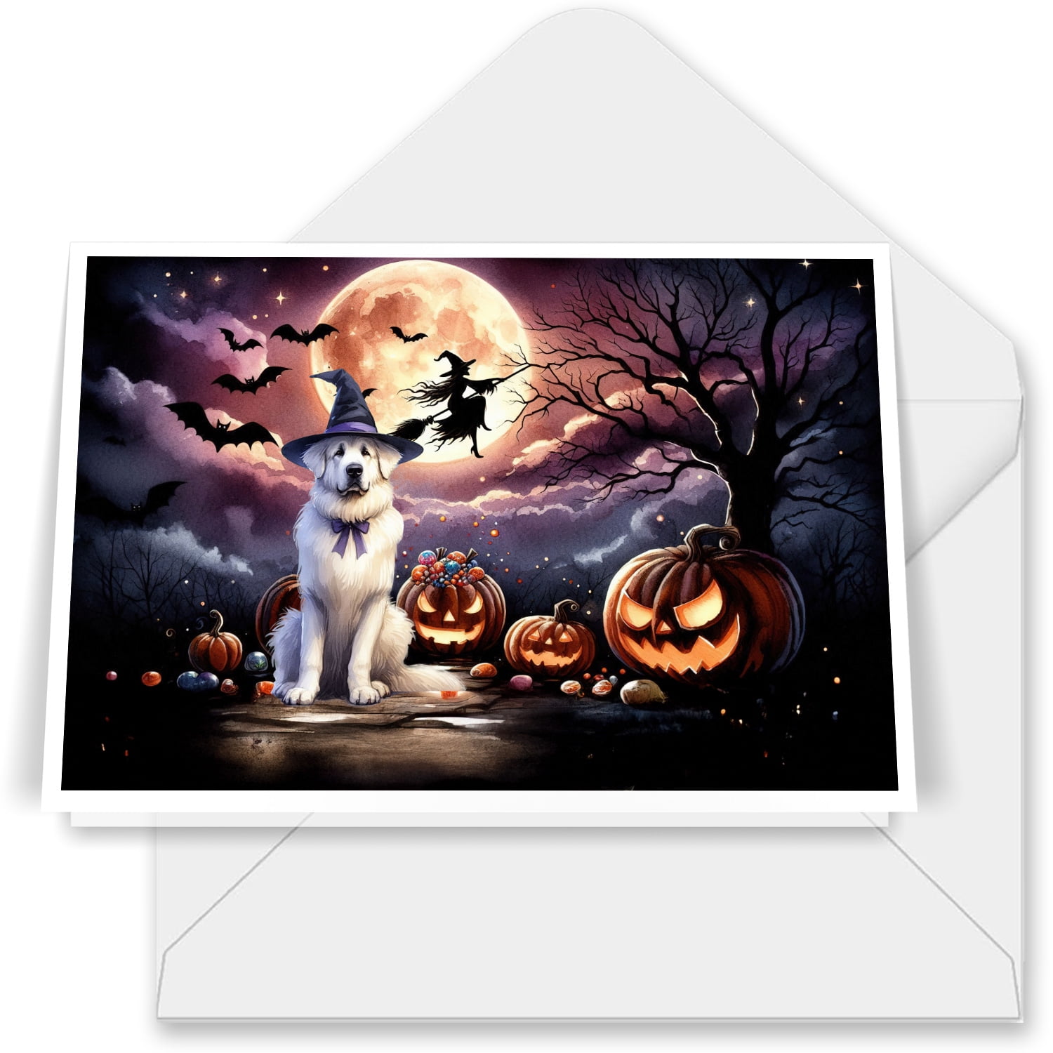 Spooky Halloween Night Witch Great Pyrenees Glowing Pumpkins 7x5in ...