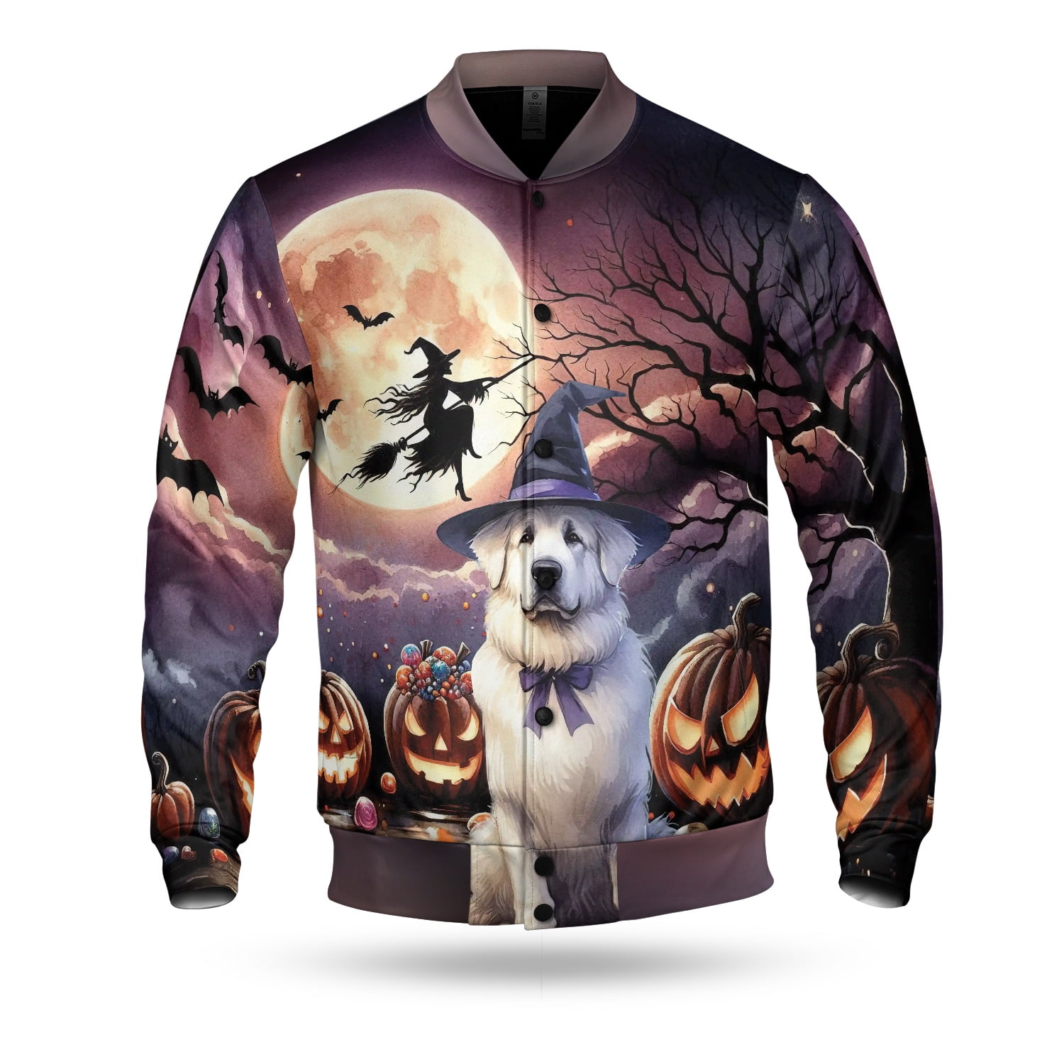 Spooky Halloween Night Witch Great Pyrenees Glowing Pumpkins All Over ...