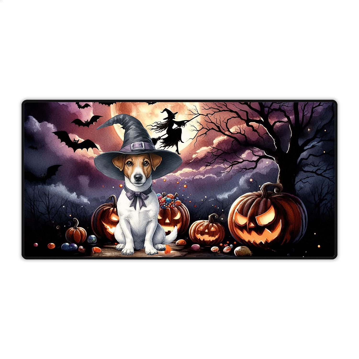 Spooky Halloween Night Witch Jack Russell Terrier Glowing Pumpkins Desk ...