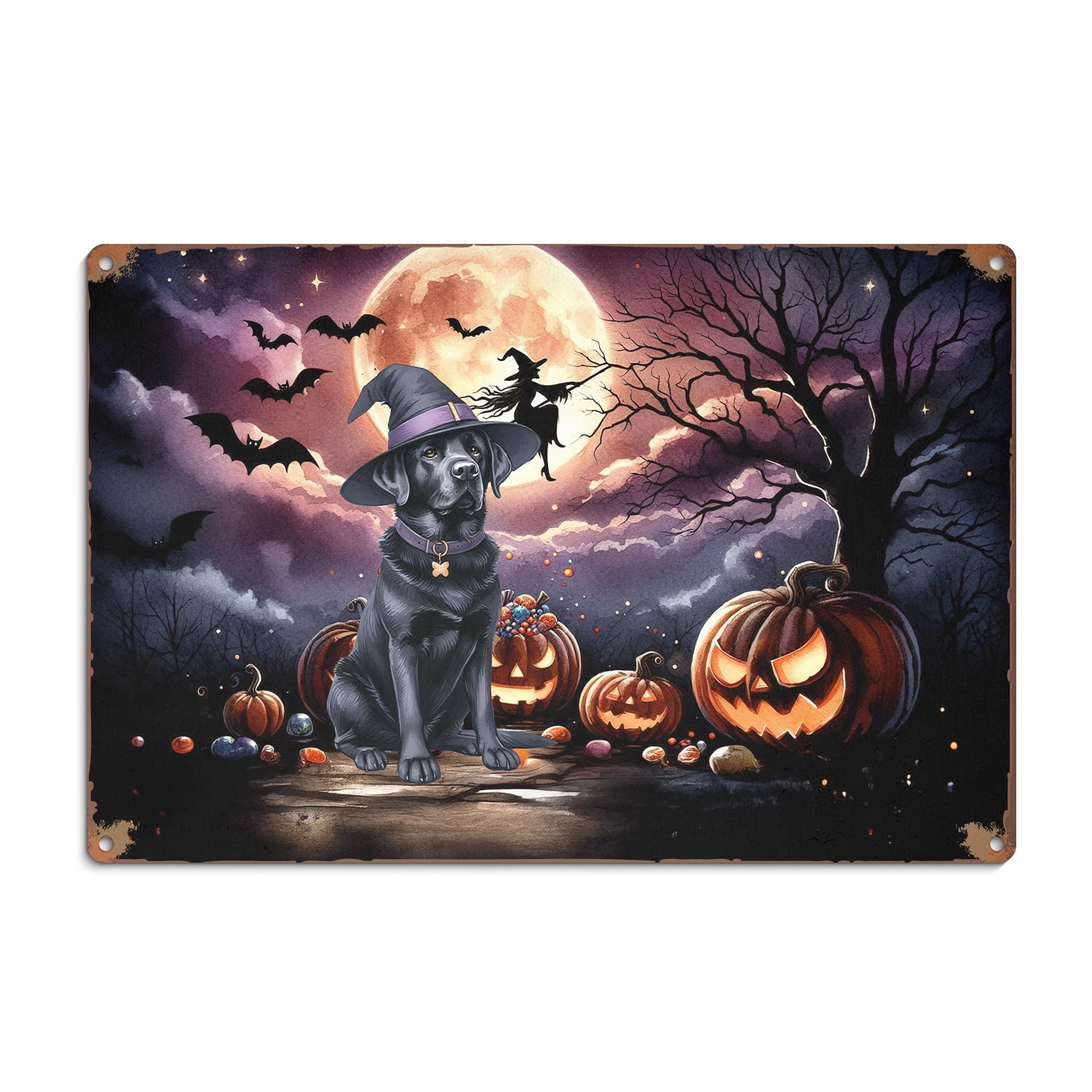Spooky Halloween Night Witch Labrador Retriever Glowing Pumpkins ...