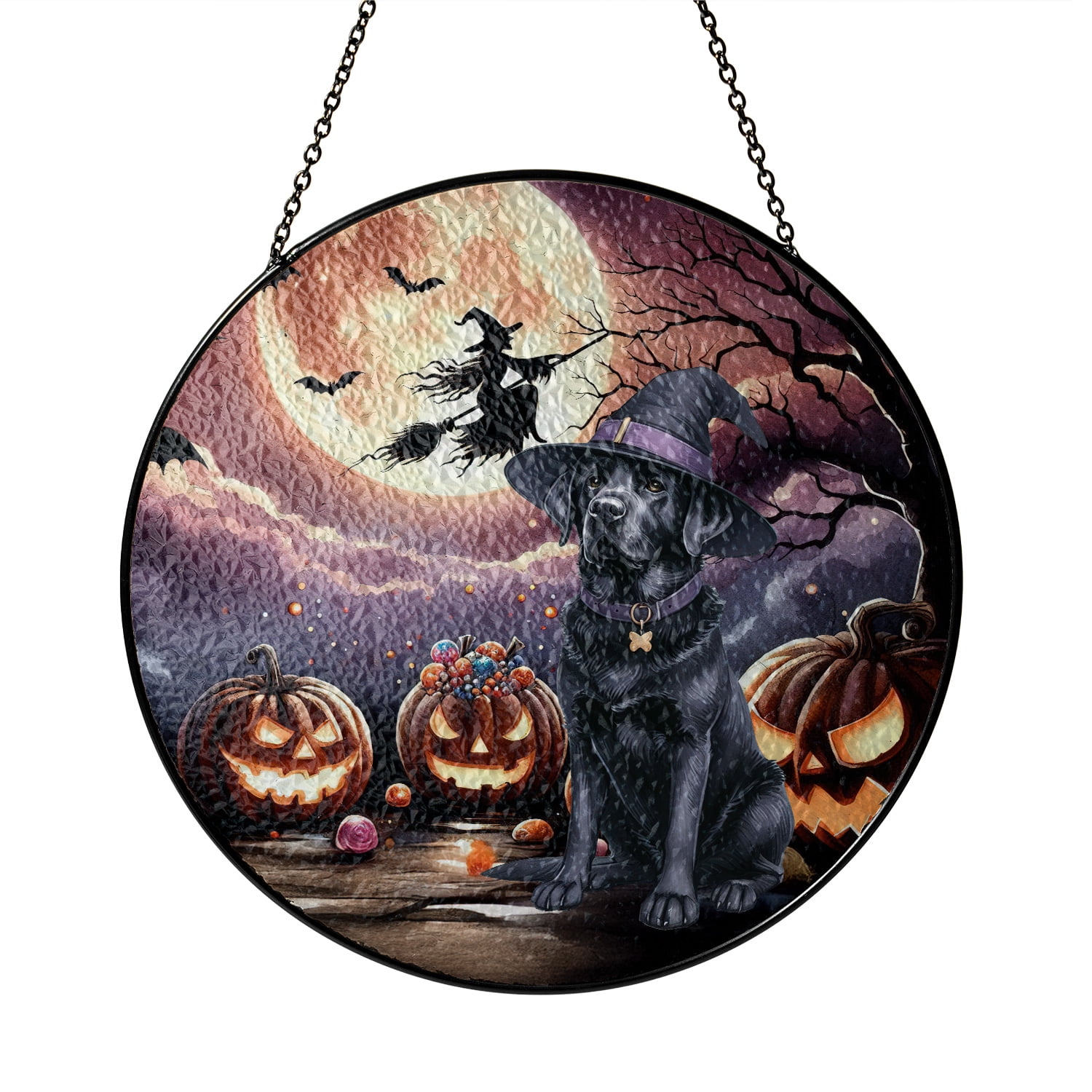 Spooky Halloween Night Witch Labrador Retriever Glowing Pumpkins ...
