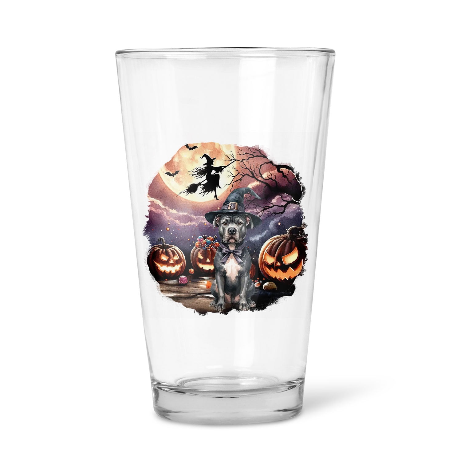 Spooky Halloween Night Witch Pitbull Glowing Pumpkins 16oz Pint Beer ...