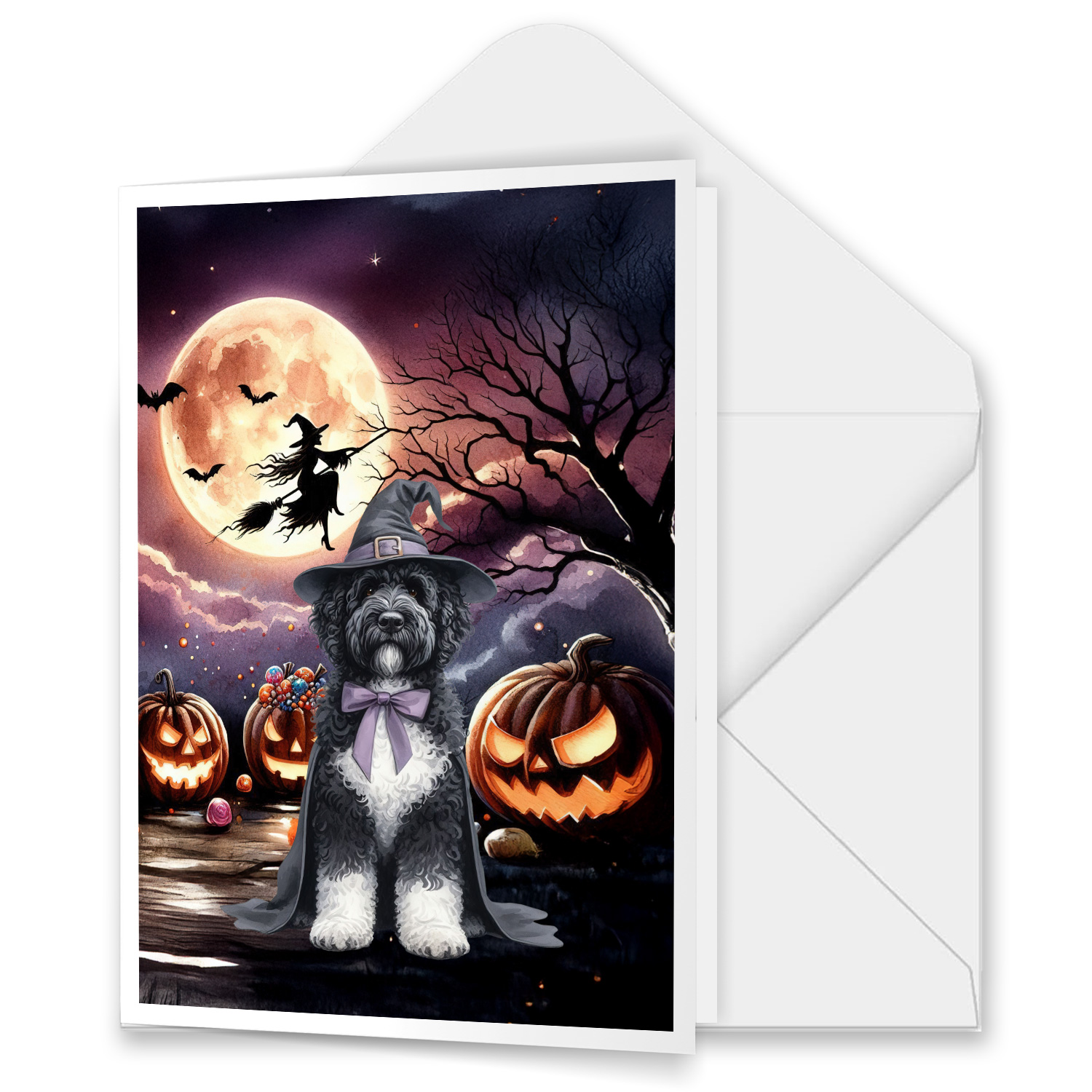 Spooky Halloween Night Witch Portuguese Water Dog Glowing Pumpkins ...