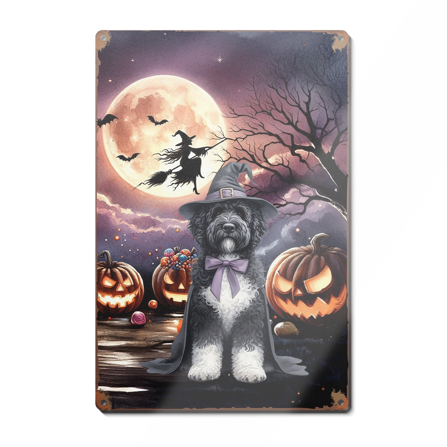 Spooky Halloween Night Witch Portuguese Water Dog Glowing Pumpkins ...