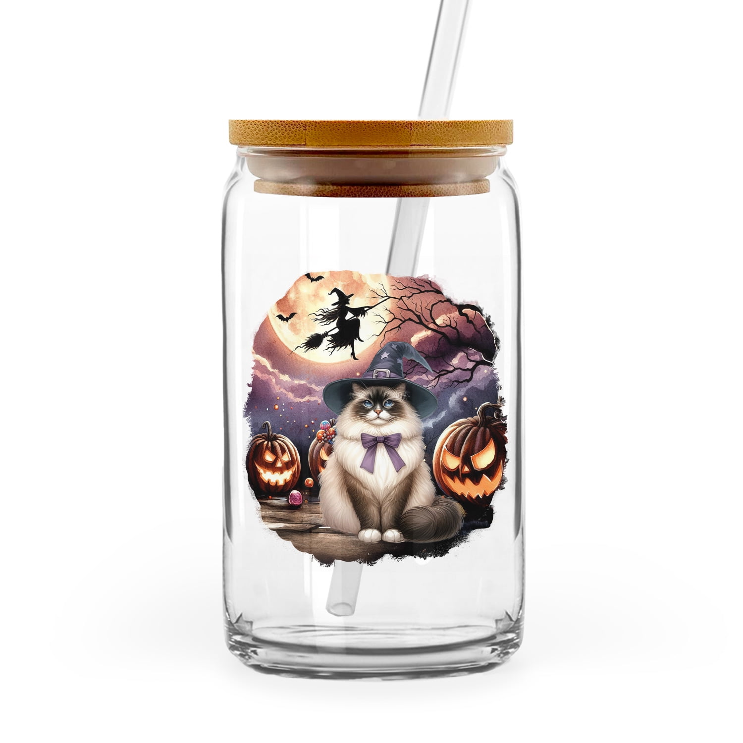 Spooky Halloween Night Witch Ragdoll Glowing Pumpkins 16oz Glass Cup ...