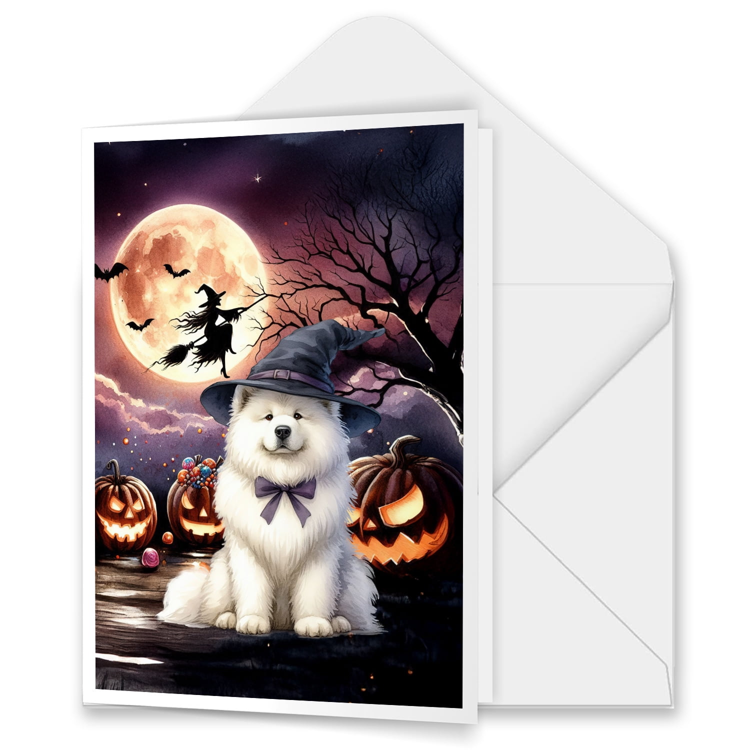 Spooky Halloween Night Witch Samoyed Glowing Pumpkins 5x7in Folded ...