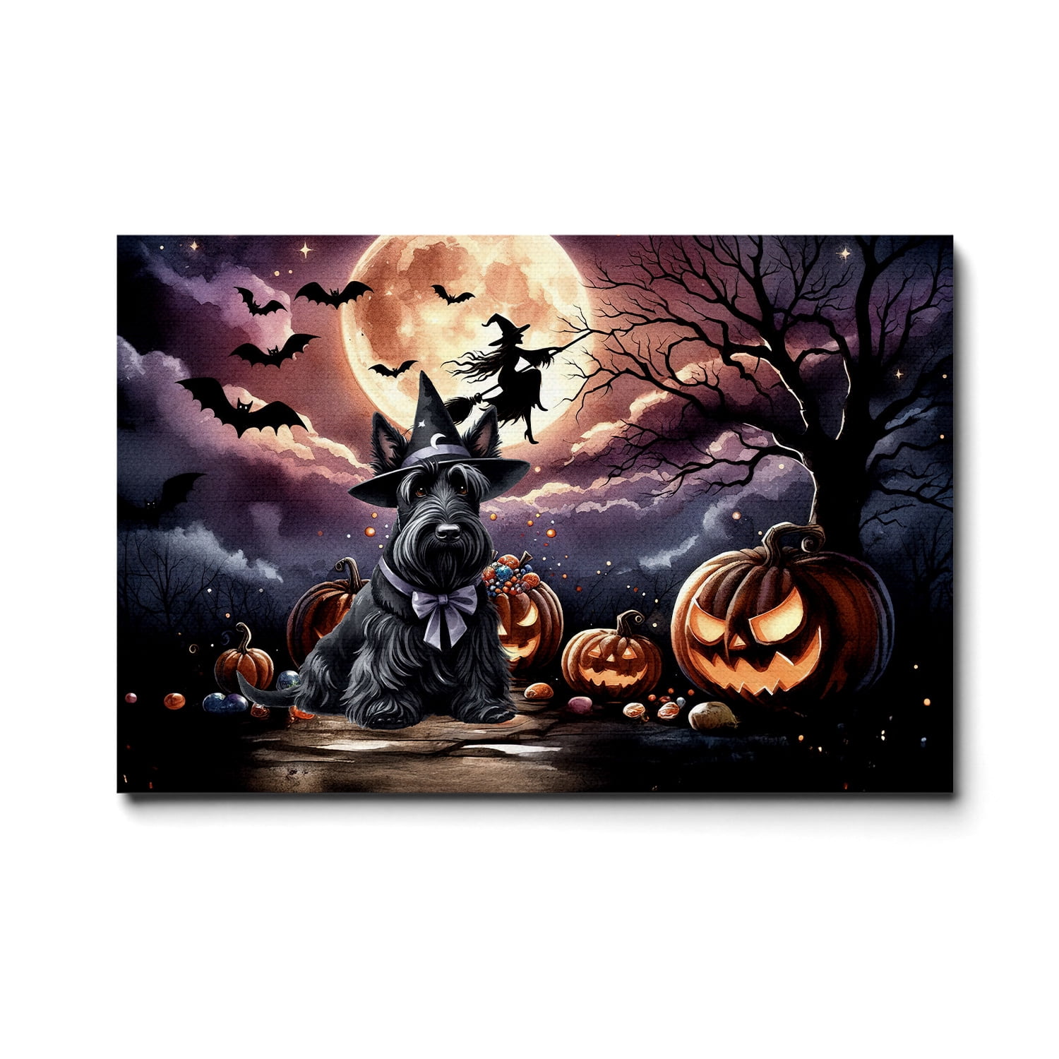 Spooky Halloween Night Witch Scottish Terrier Glowing Pumpkins ...