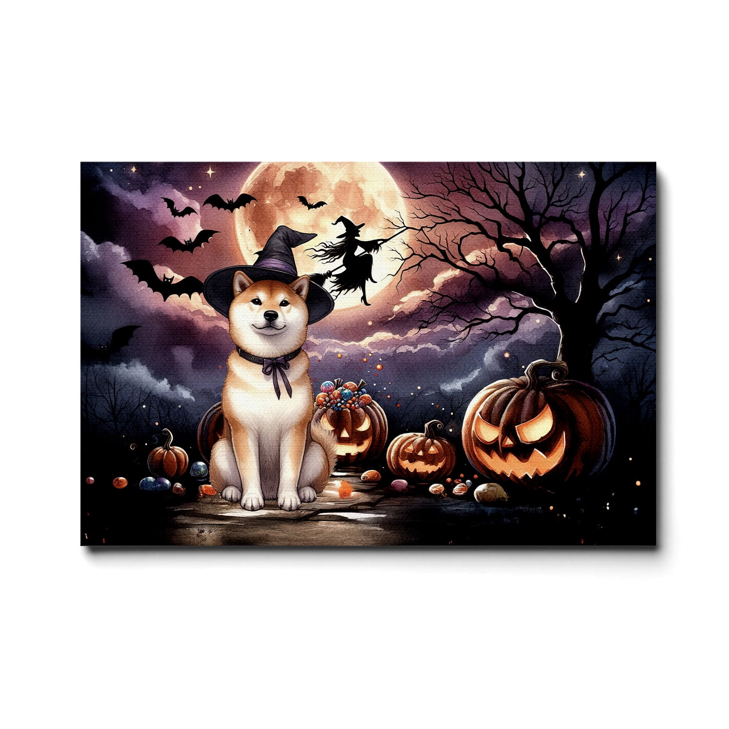 Spooky Halloween Night Witch Shiba Inu Glowing Pumpkins Horizontal ...