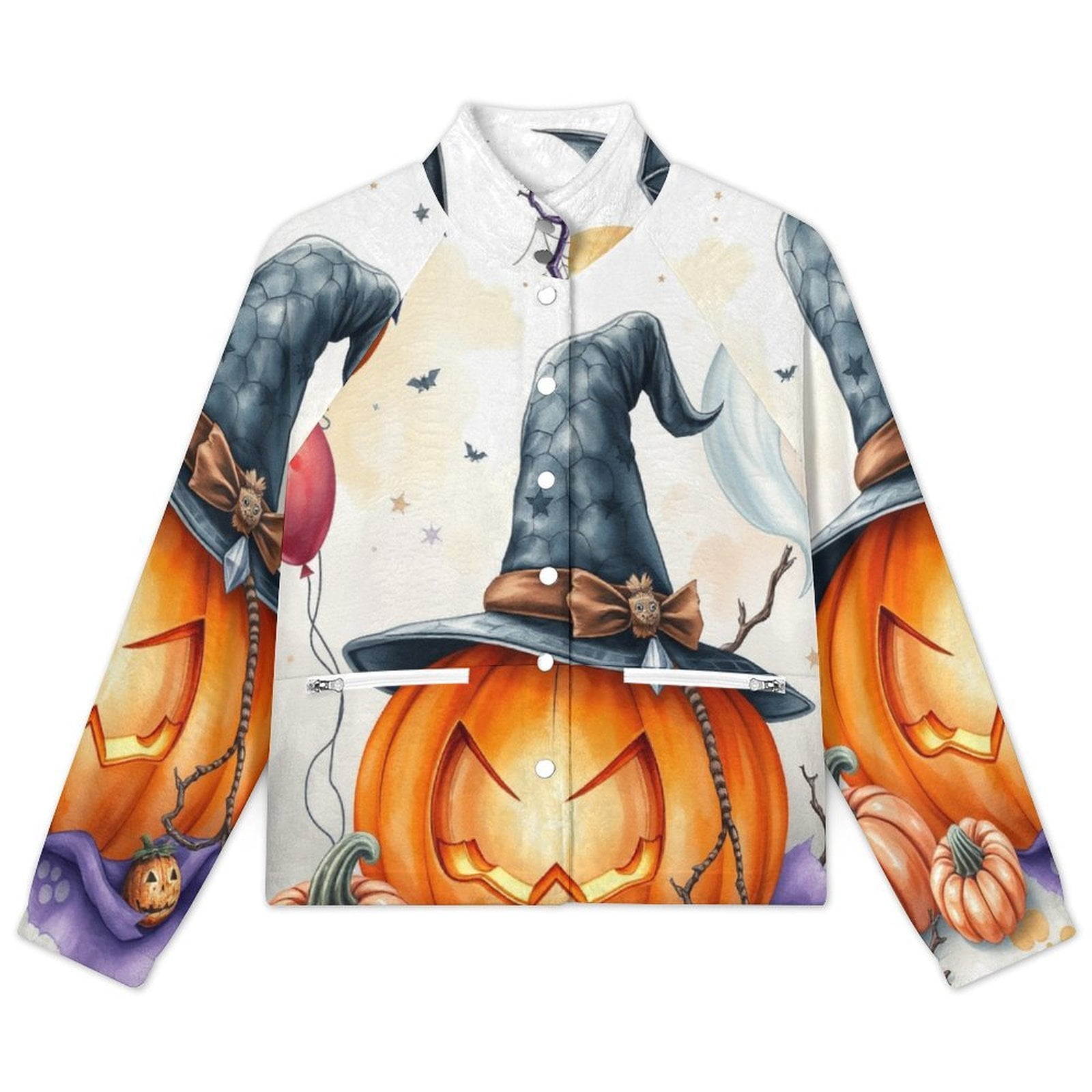 Spooky Halloween Pumpkin Scene Art Warm Women's Plush Jacket Stand ...