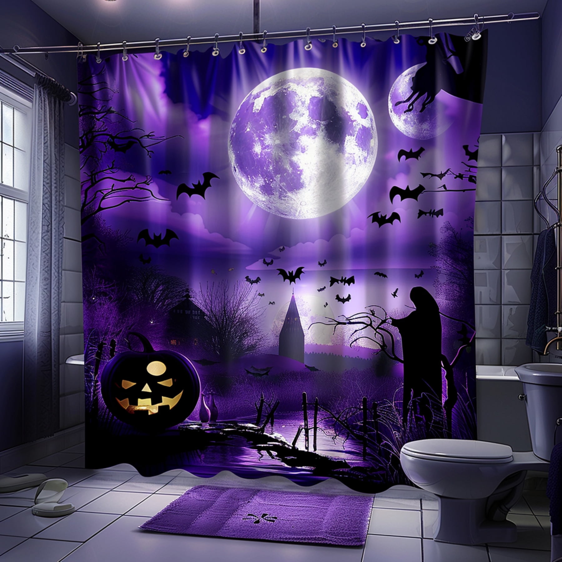 Spooky Halloween Purple Bathroom Decor Set with Ghosts Bats Full Moon ...