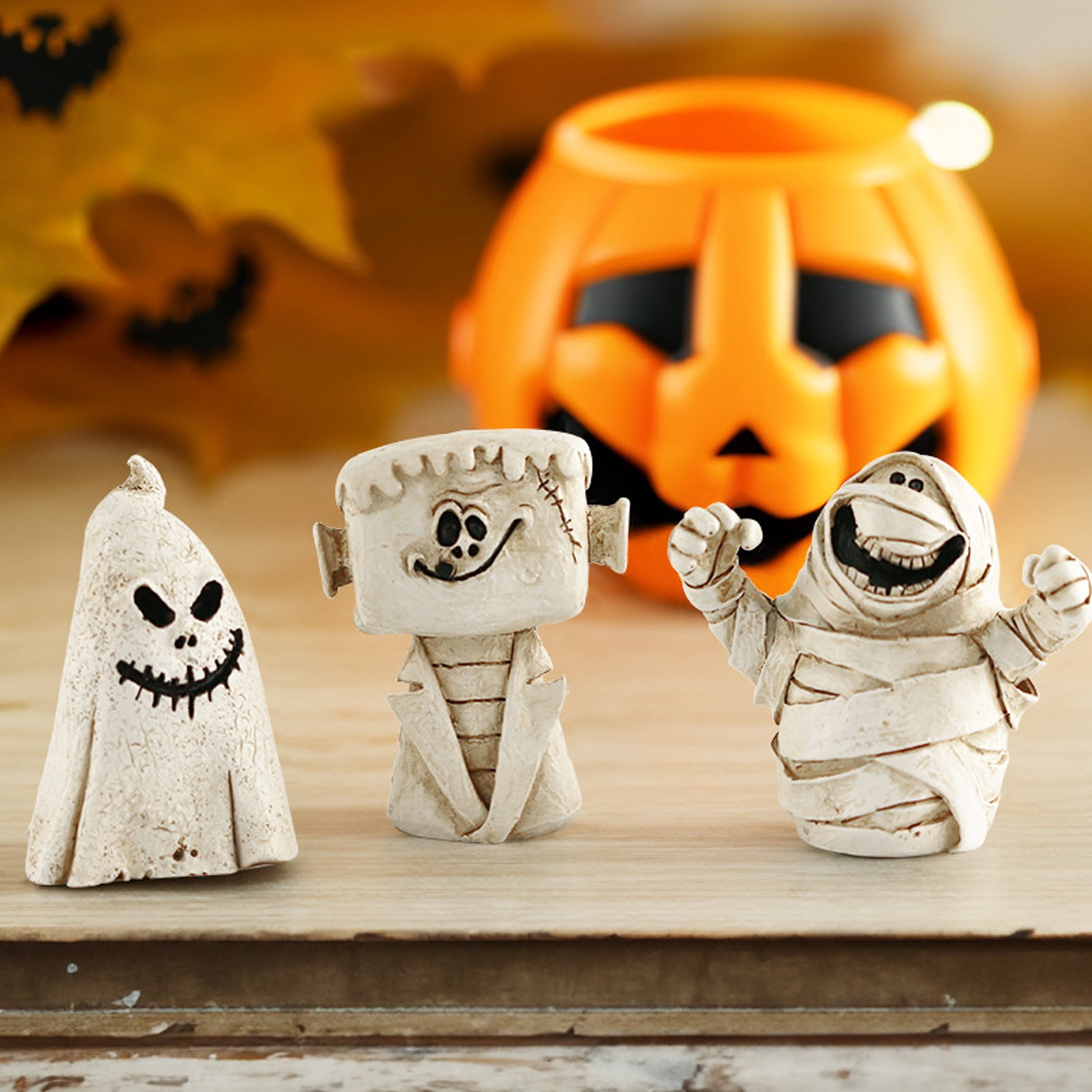 Spooky Halloween Resin Decor Ghost Mummy Clockwork Girl Candle Pumpkin Realistic Home Halloween ...