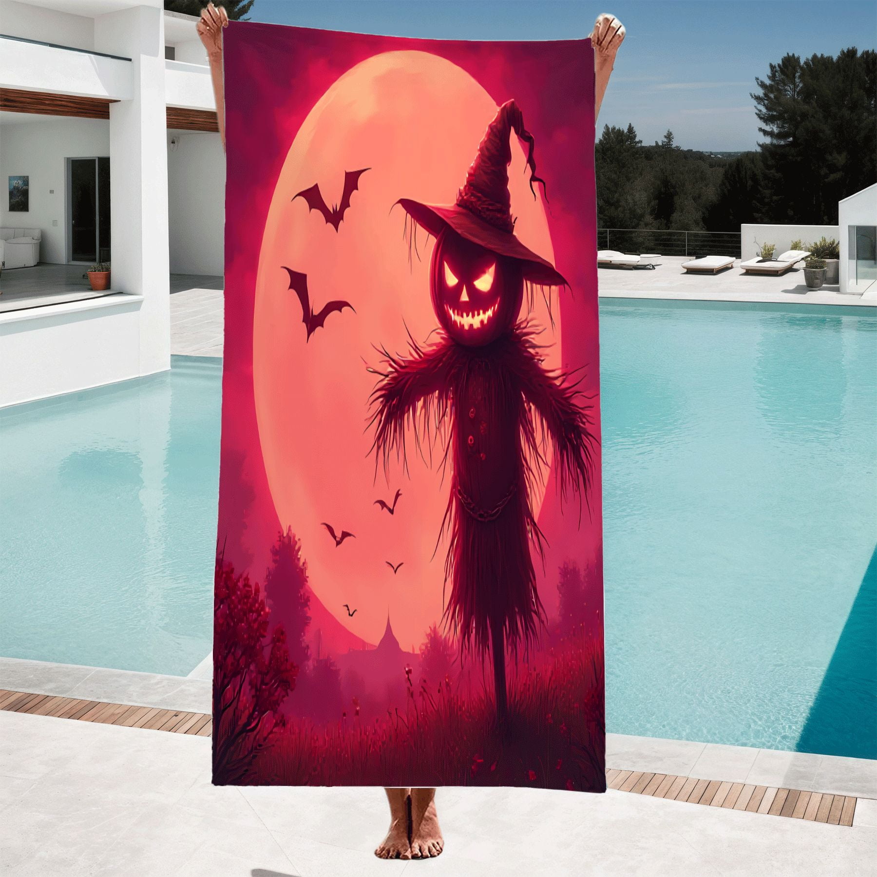 Spooky Halloween Scarecrow Beach Towel - Pumpkin Head Hat and Bats ...