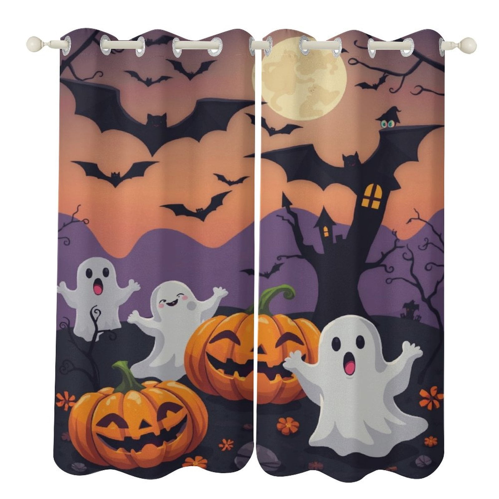 Spooky Halloween Scene Blackout Curtains 2 Panel Rod Pocket Thermal ...