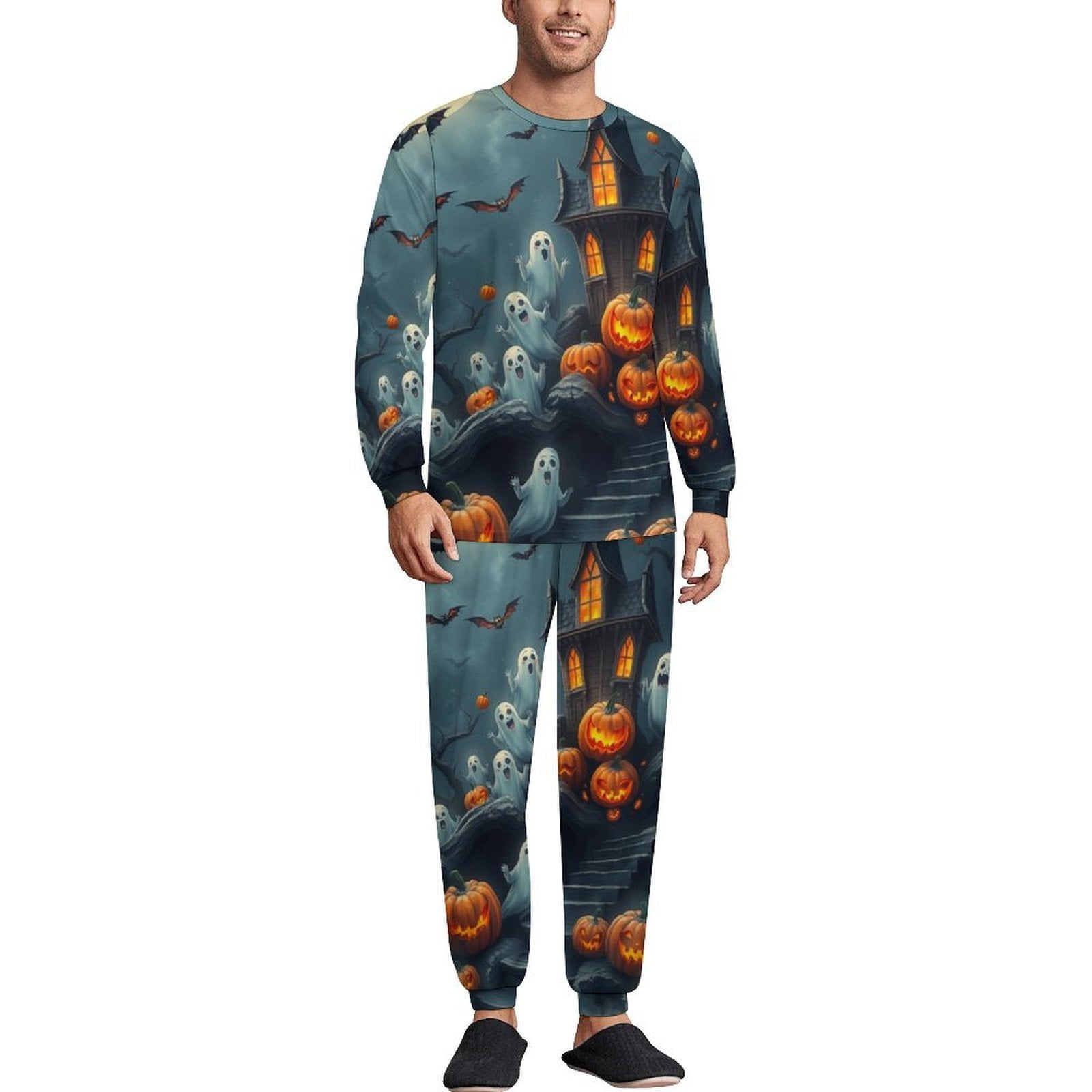 Spooky Halloween Scene Pajamas Man Warm Sleepwear Autumn Long-Sleeve 2 ...