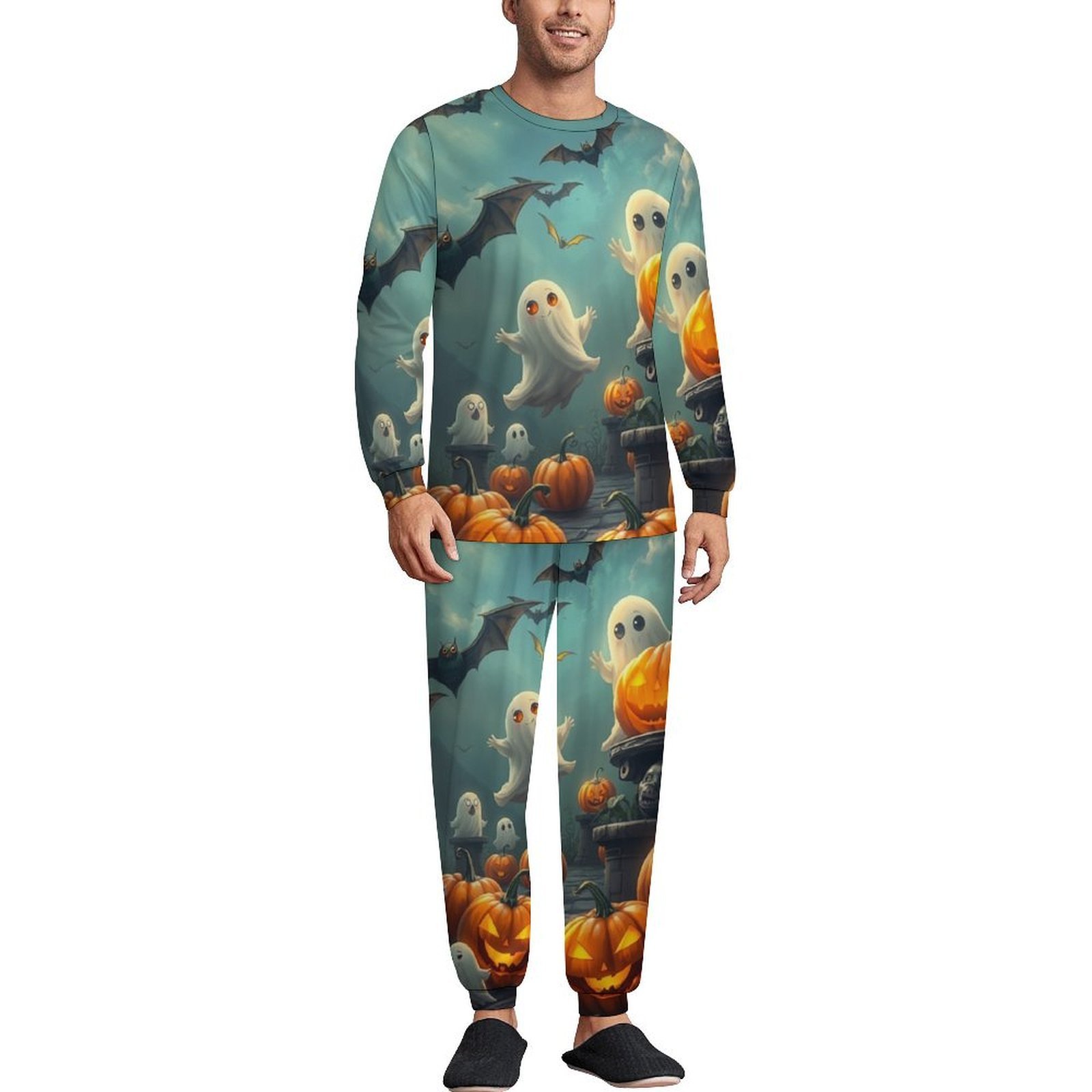 Spooky Halloween Scene Pajamas Mens Warm Sleepwear Autumn Long Sleeve 2 ...