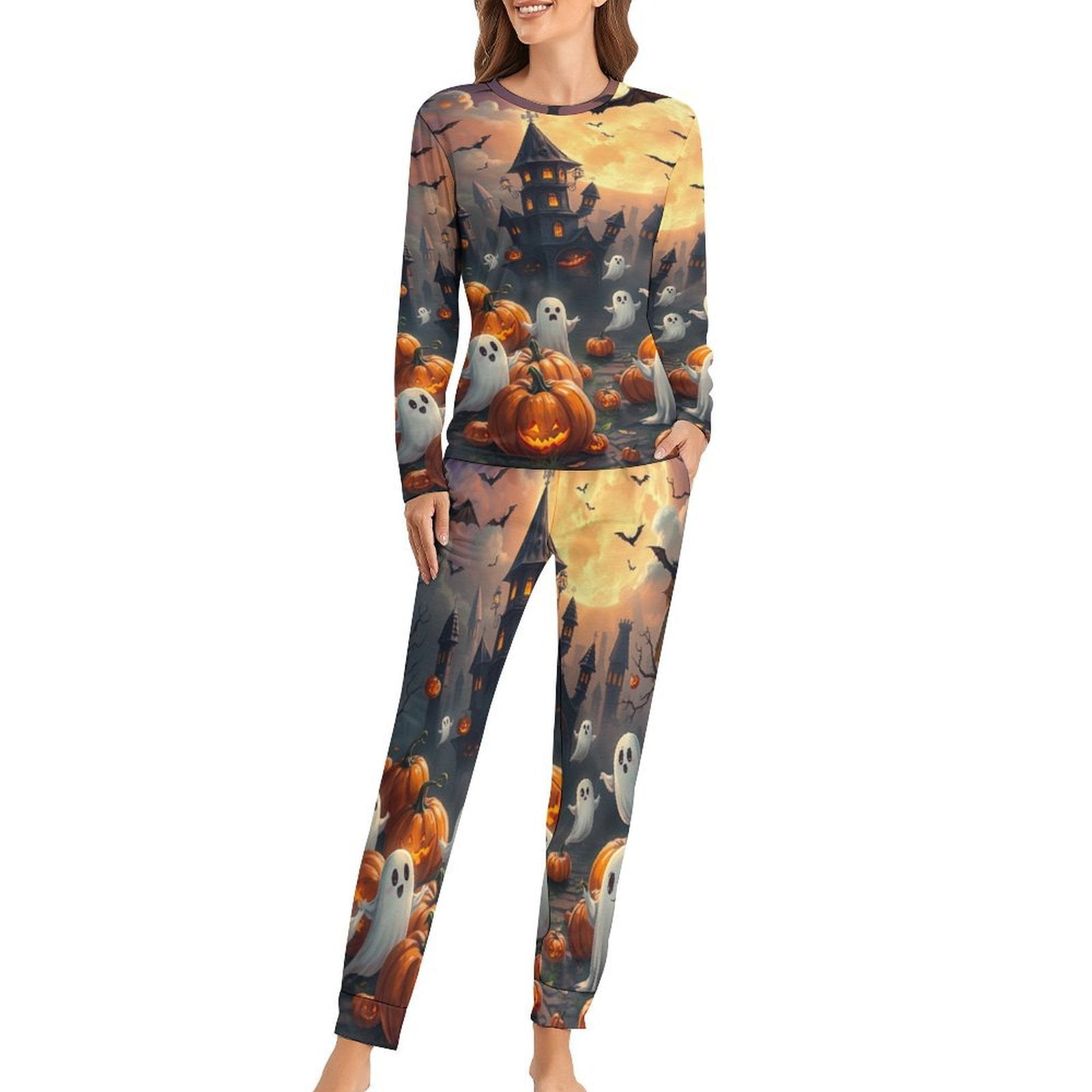Spooky Halloween Scene Pajamas Woman Two Piece Design Long Sleeves ...