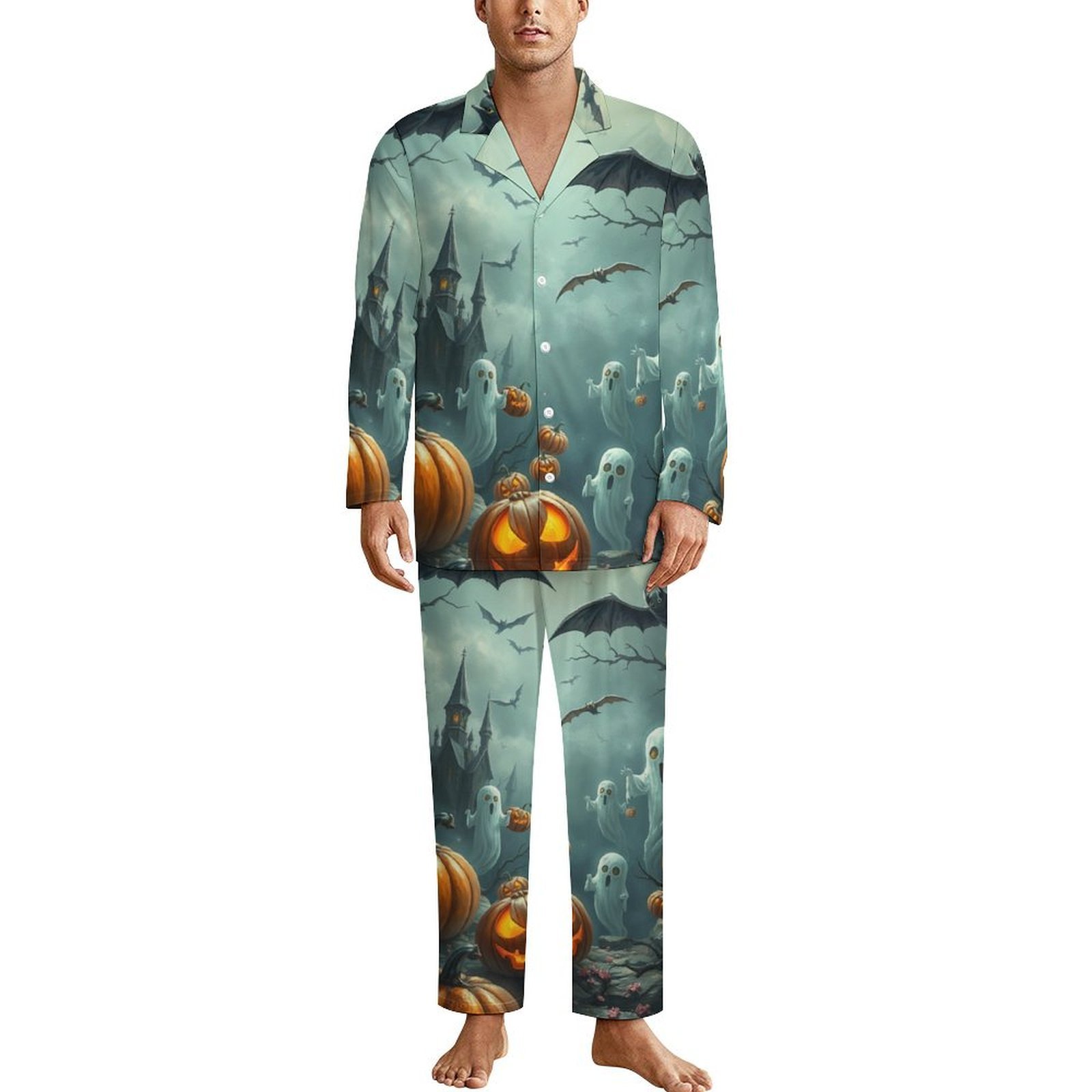 Spooky Halloween Scene Sleepwear Autumn Casual Oversize Pajama Sets Man ...