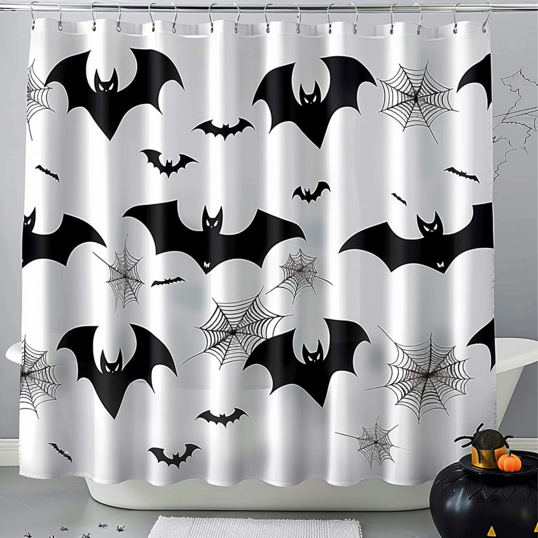 Spooky Halloween Shower Curtain Black Bats And Spider Webs On White