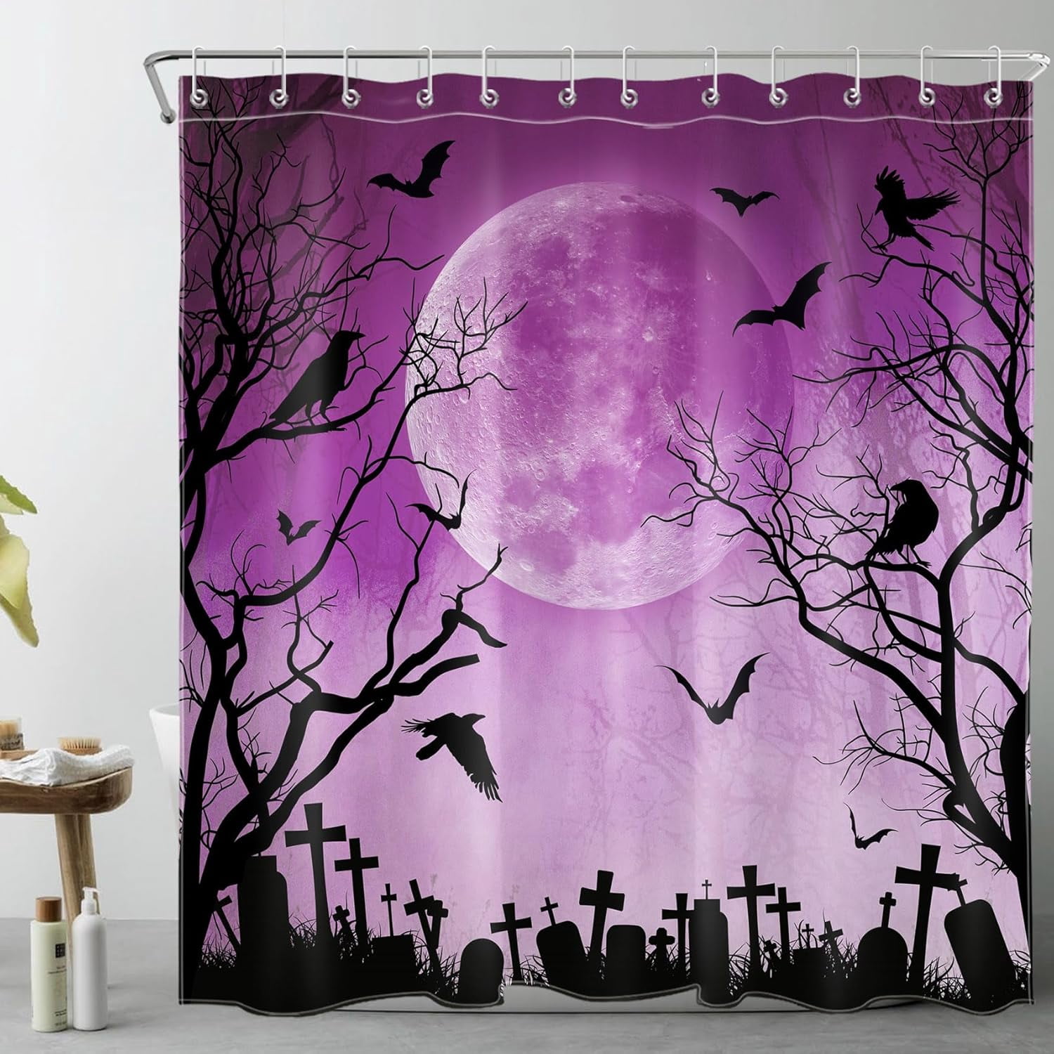 Spooky Halloween Shower Curtain Black Crow Bat and Dead Tree in Horror ...