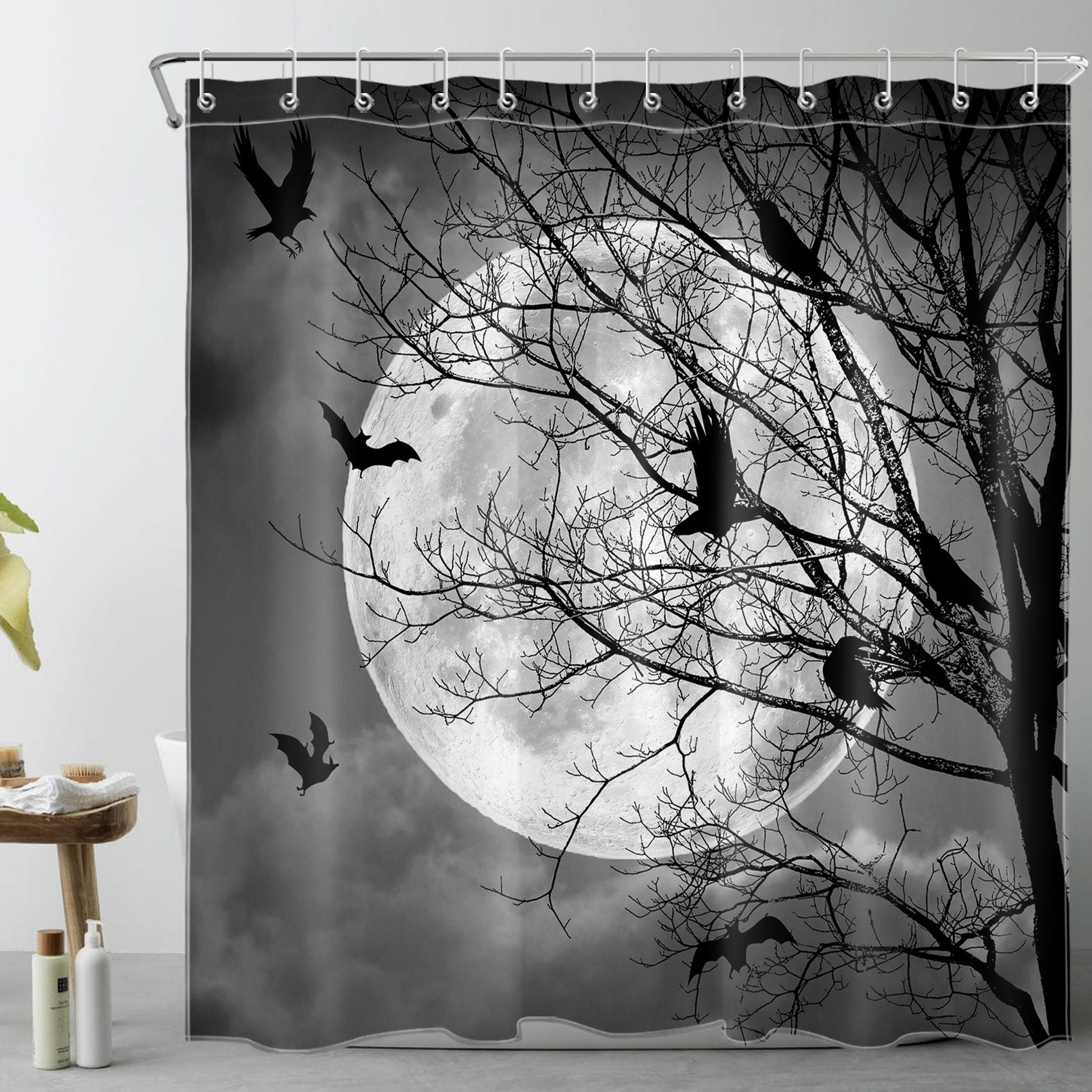 Spooky Halloween Shower Curtain Black Ghost Tree Crow Moon and Black ...