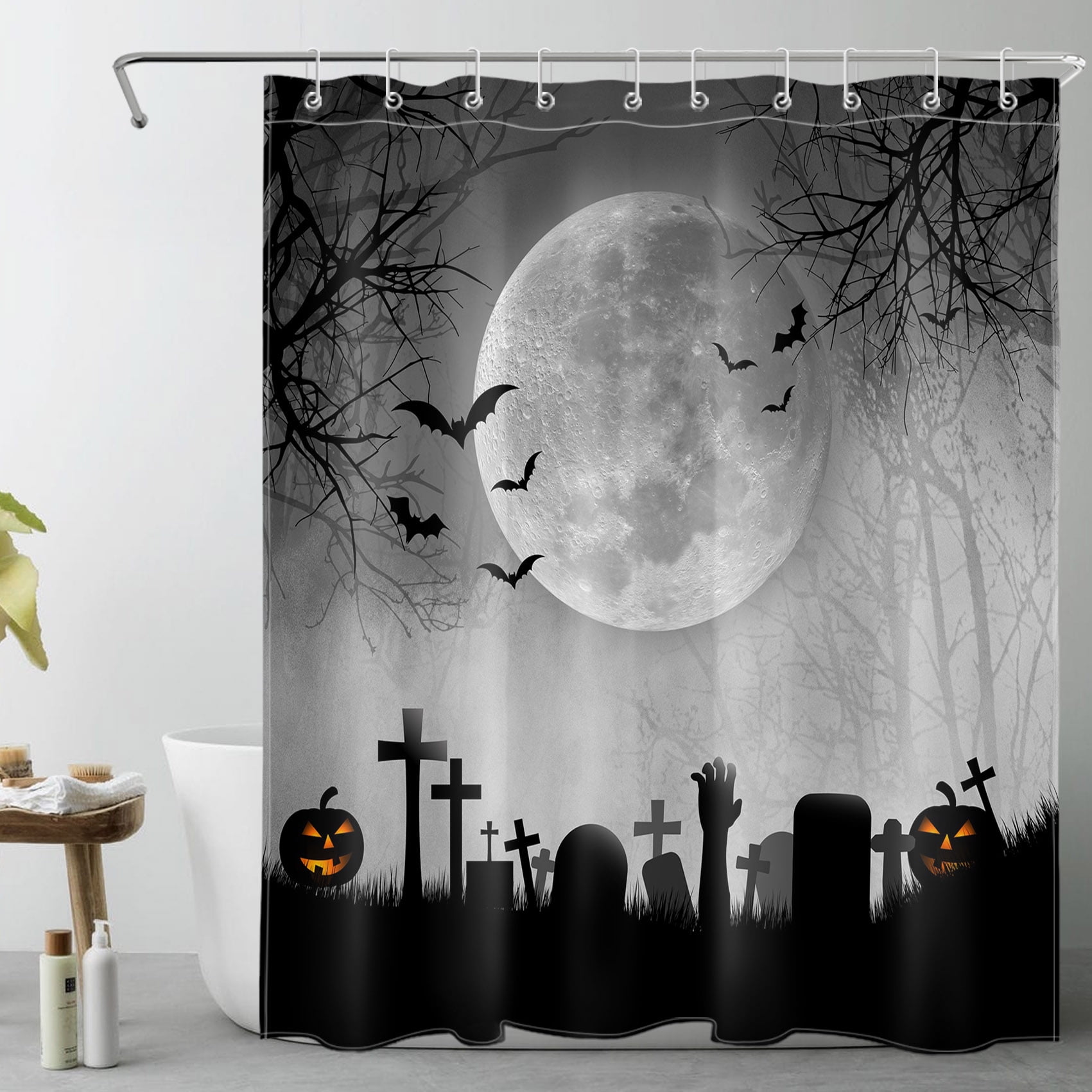 Spooky Halloween Shower Curtain Black Ghost Tree Crow Moon and Black ...