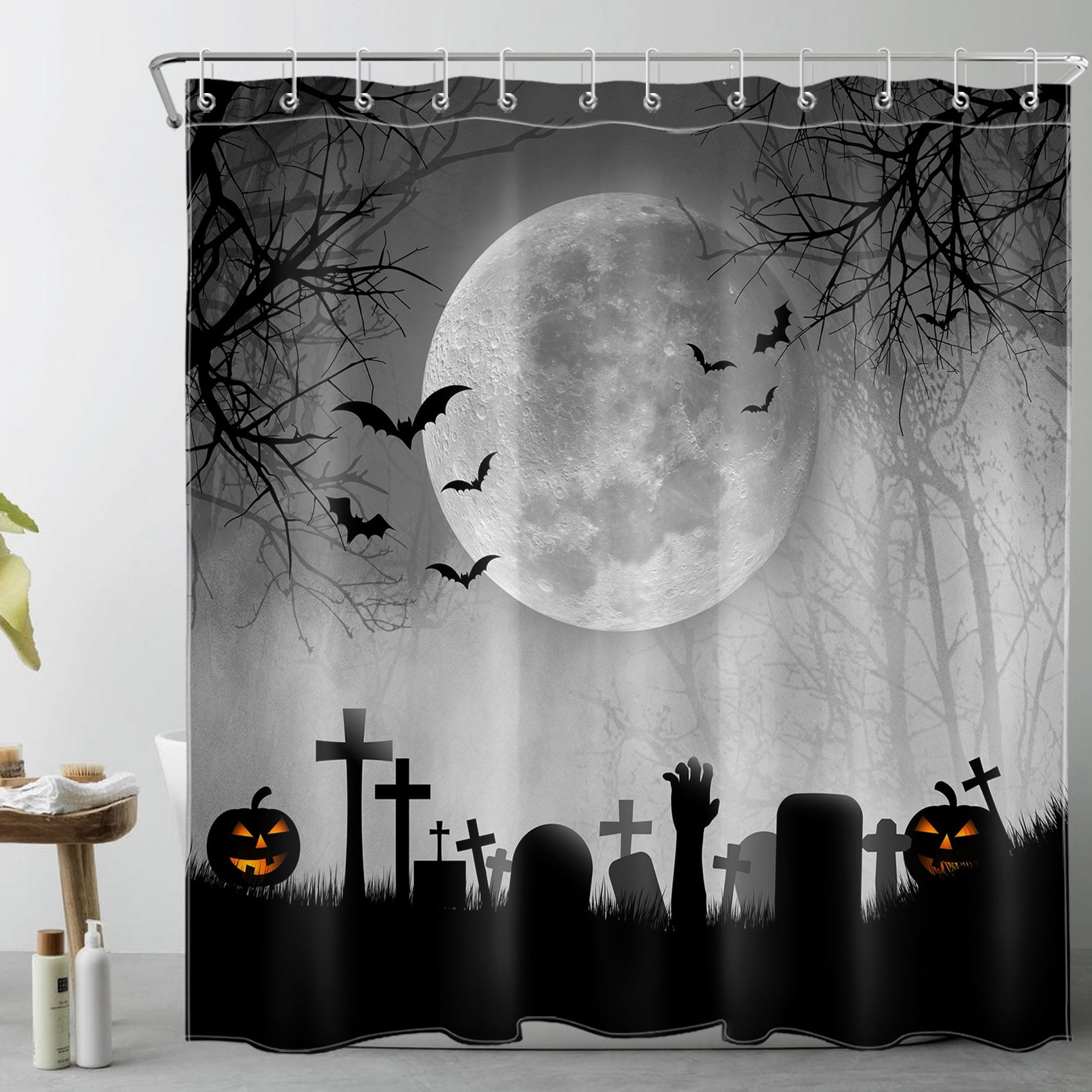 Spooky Halloween Shower Curtain Black Ghost Tree Crow Moon and Black ...