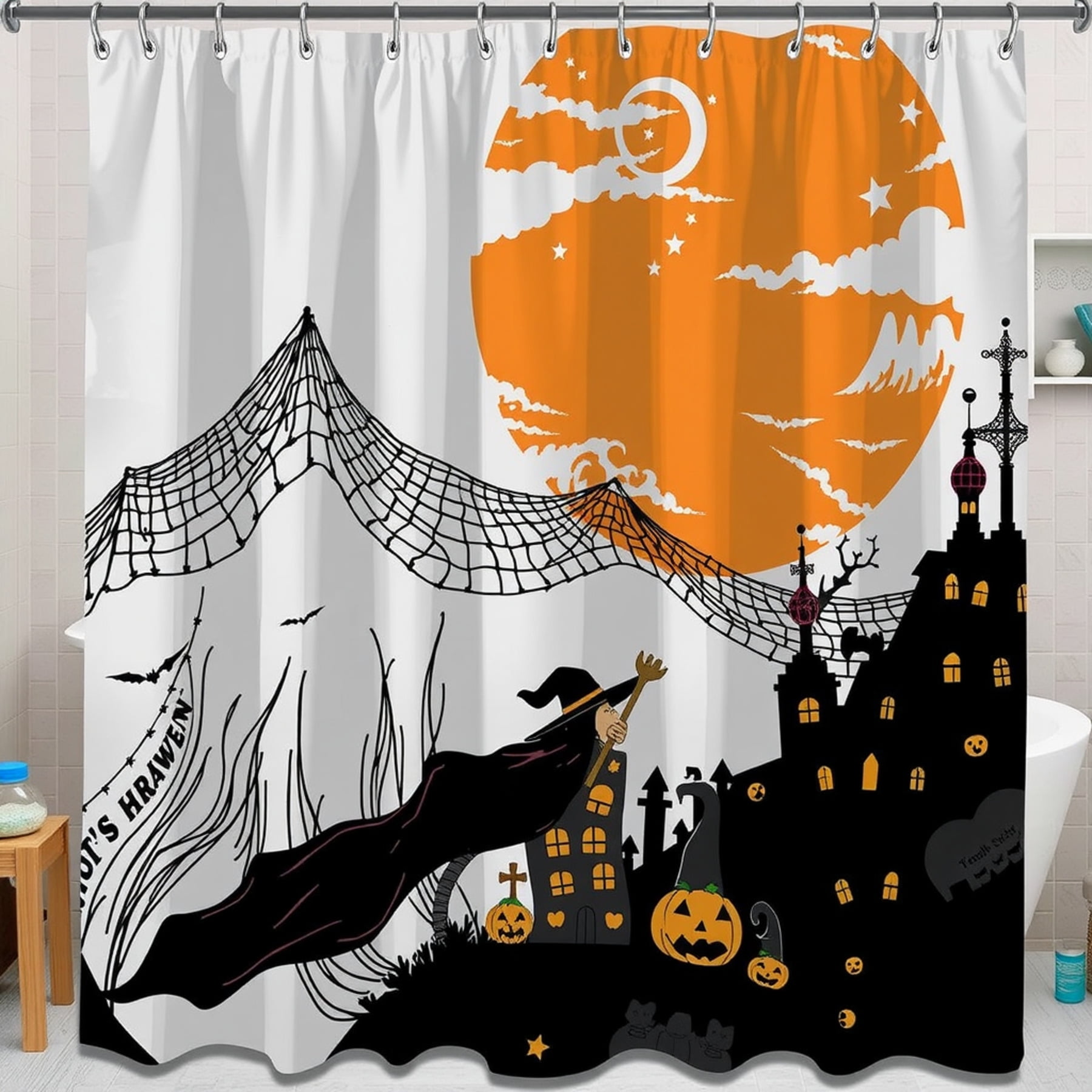 Spooky Halloween Shower Curtain - Black Spider Web, Orange Moon & Witch ...