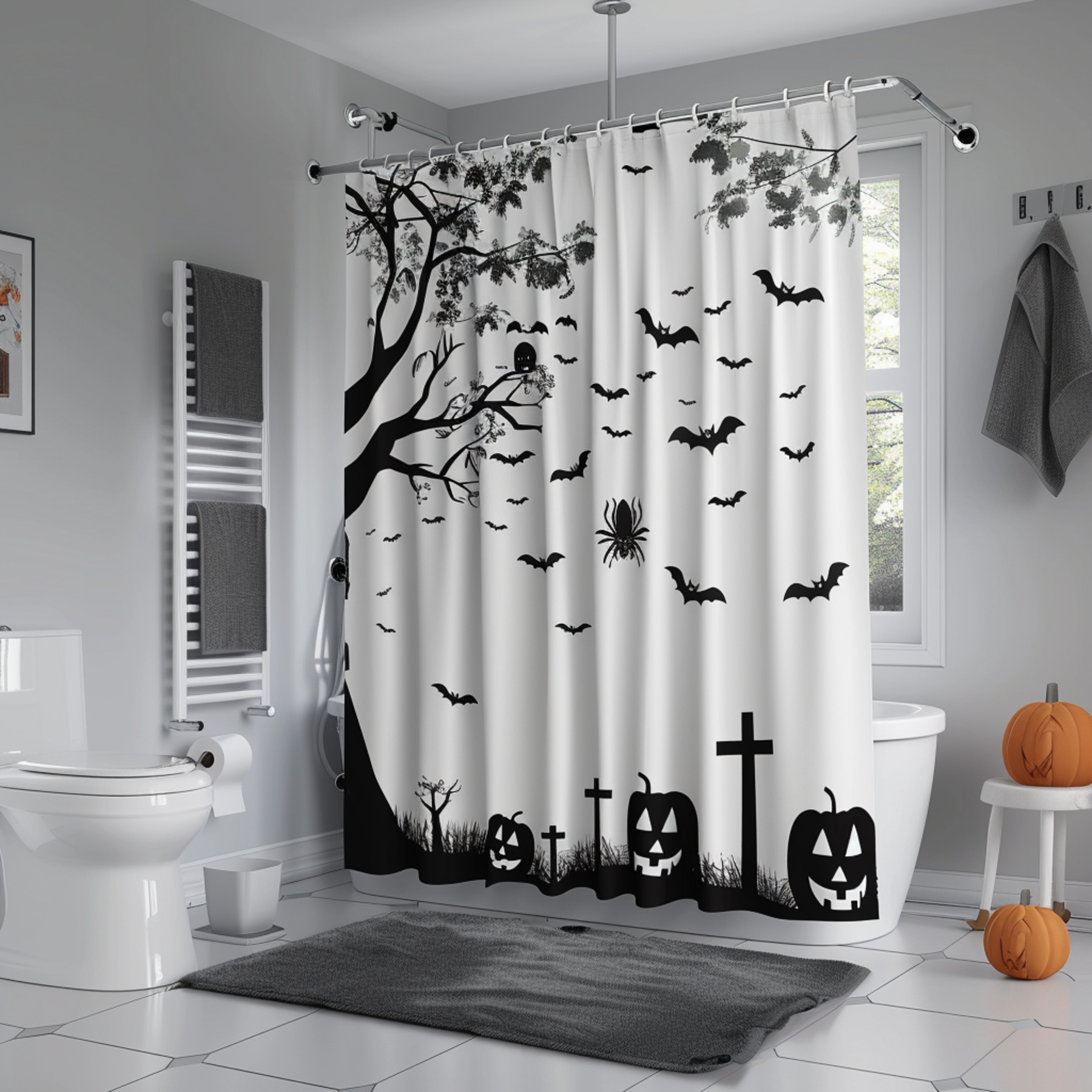 Spooky Halloween Shower Curtain Black And White Design With Pumpkins