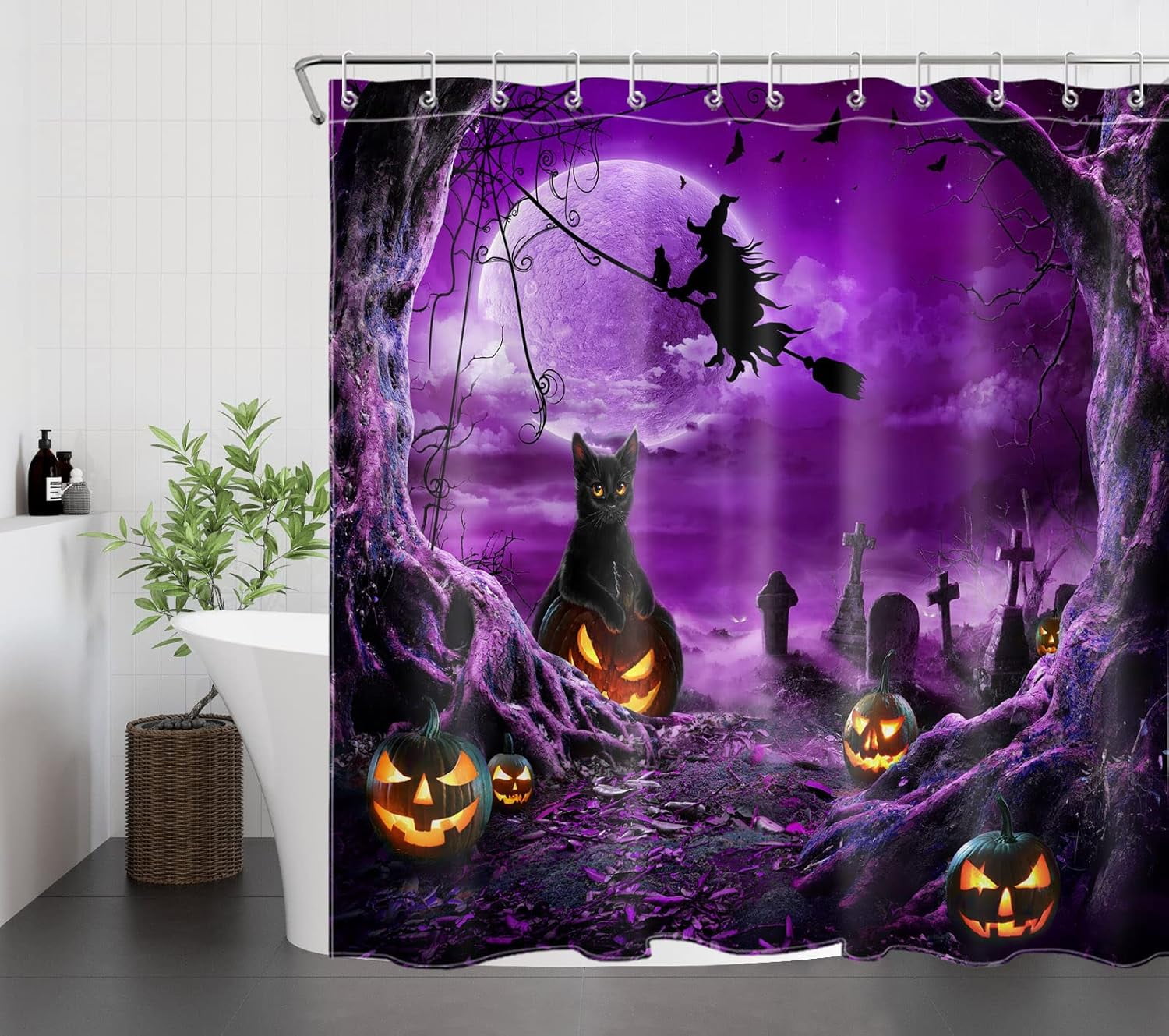 Spooky Halloween Shower Curtain Creepy Witch with Cat Over Graveyard ...