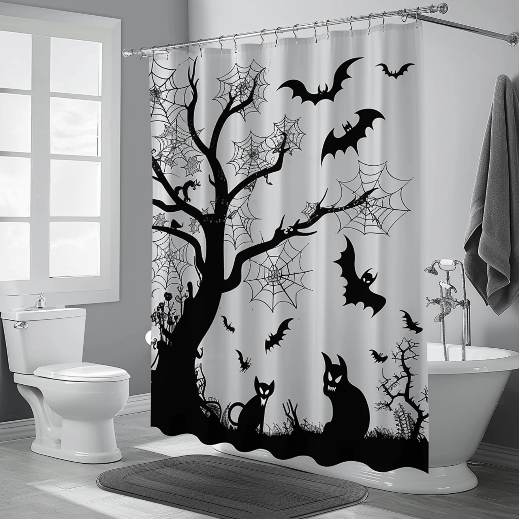 Spooky Halloween Shower Curtain With Ghosts Bats And Tree Design